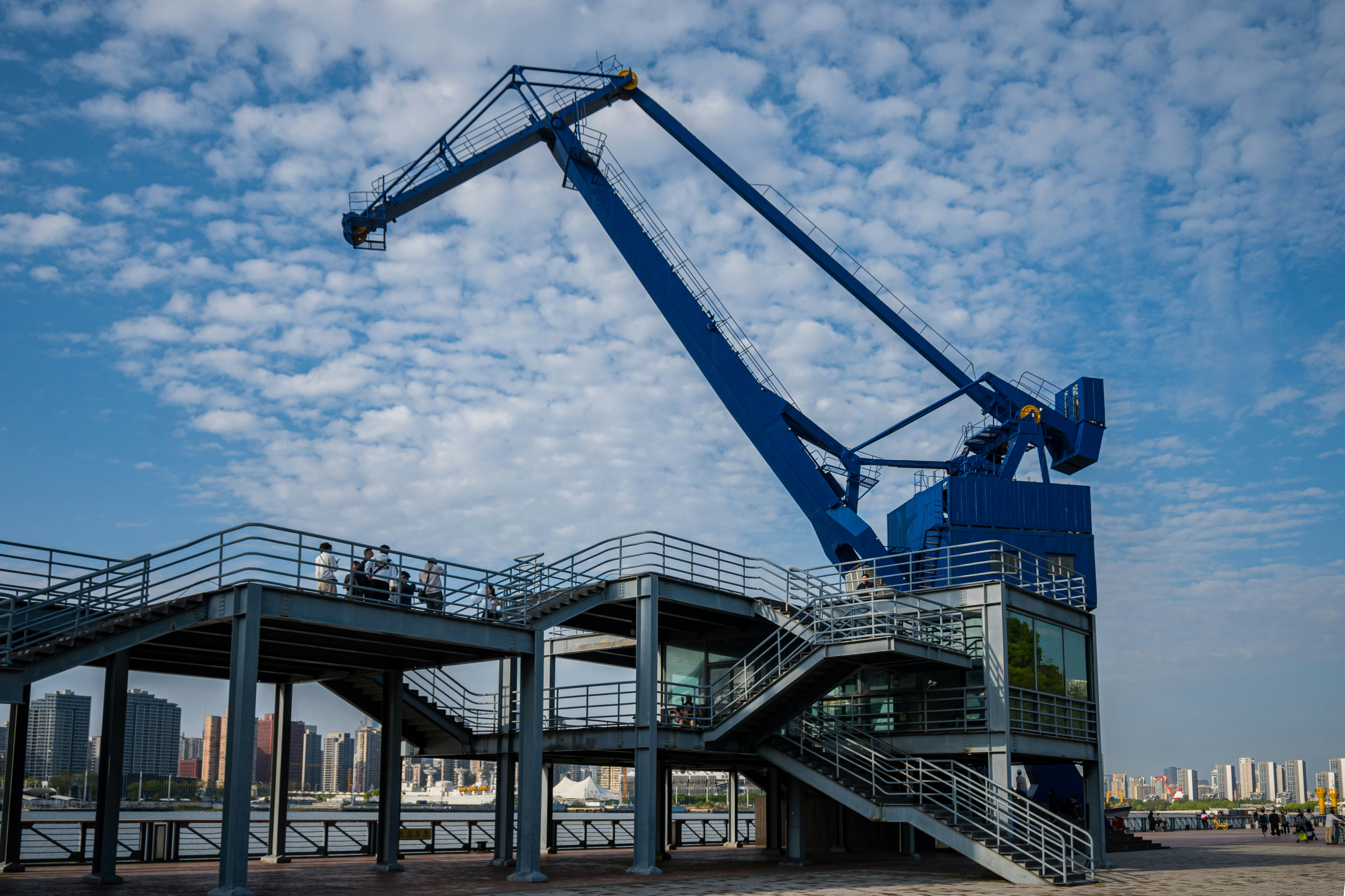 Blue Crane Rising Over Waterfront Platform