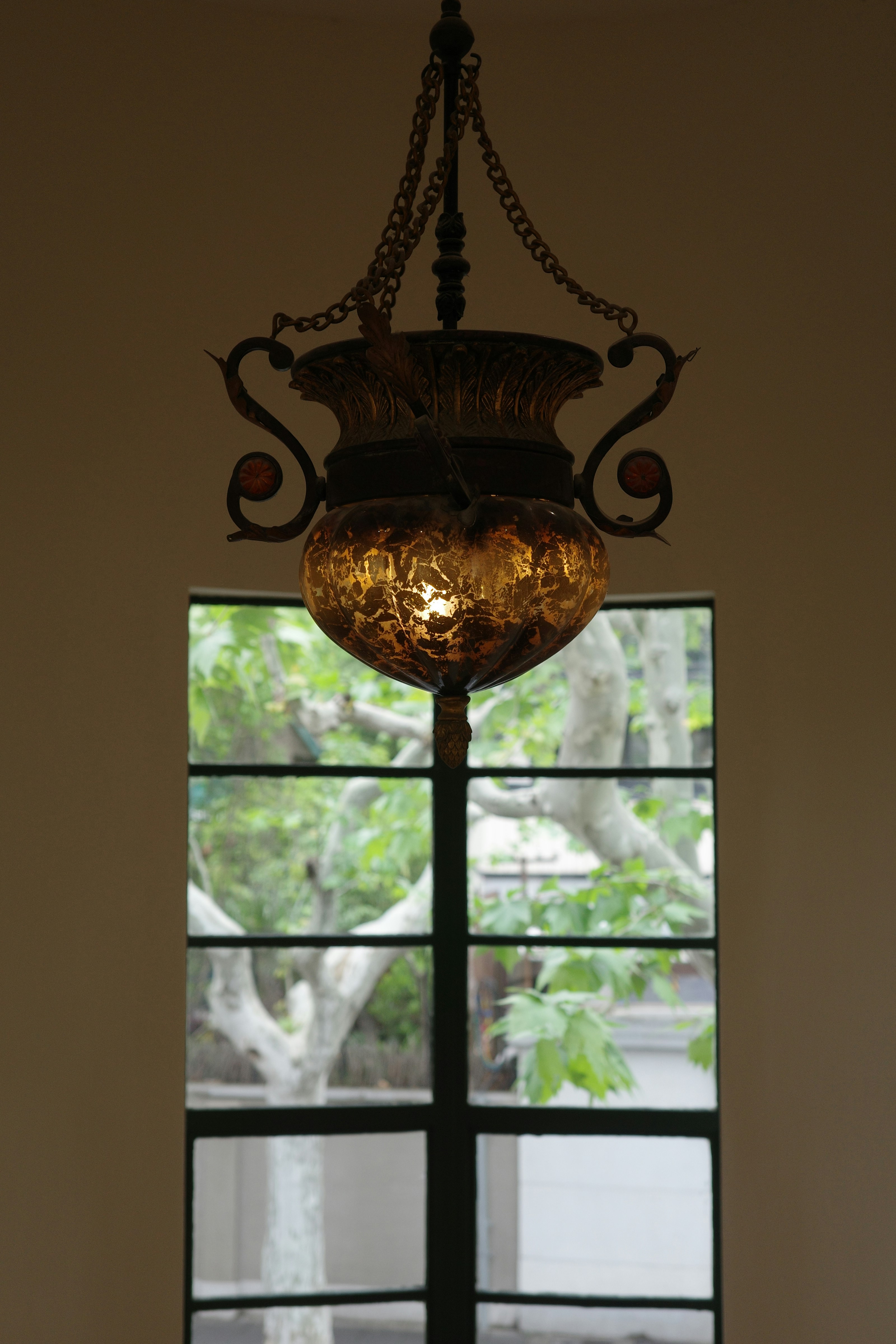 Hanging Lantern Framed by a Window of Greenery