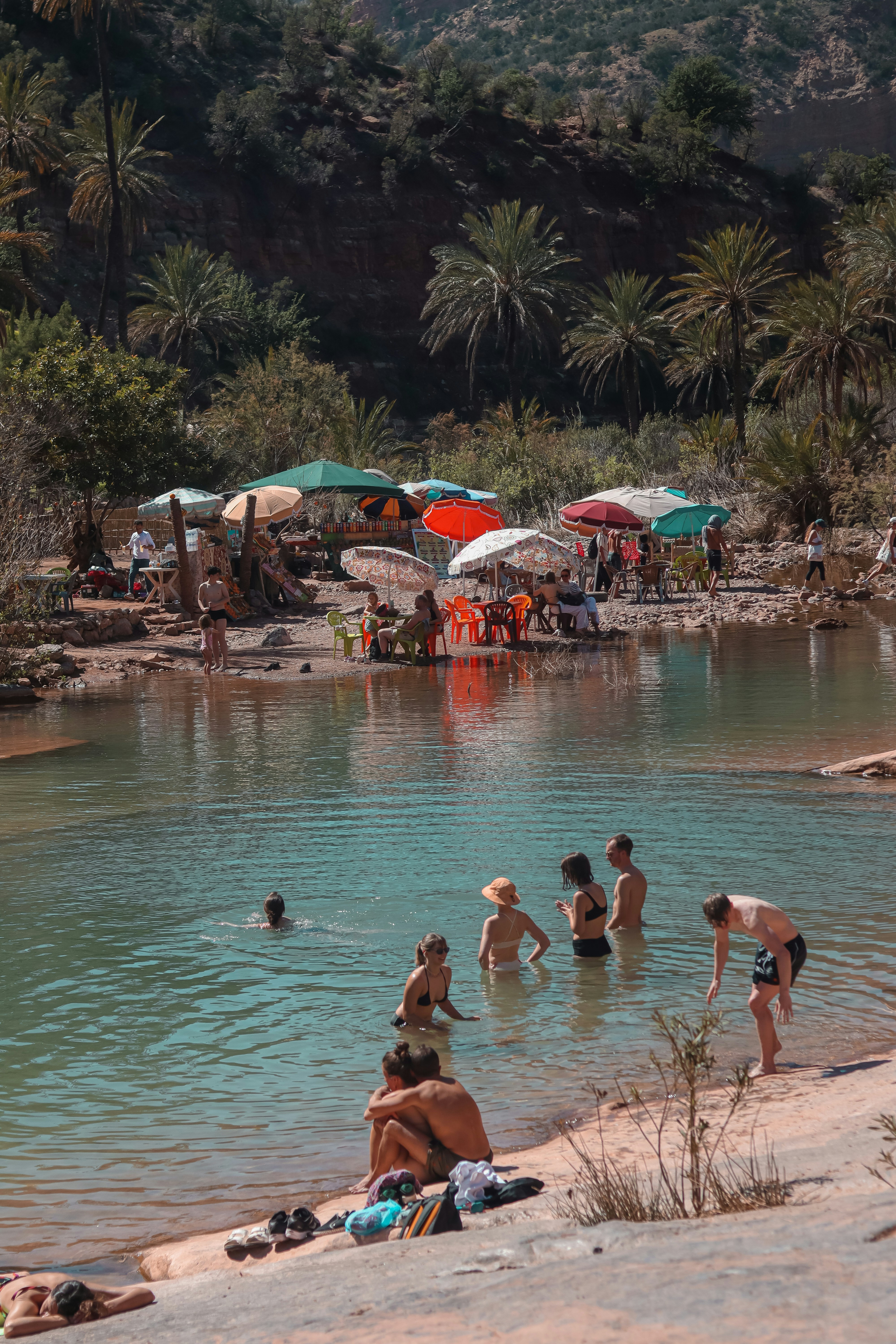 Sunlit Swim: Families and Palm Shade by a Turquoise Creek