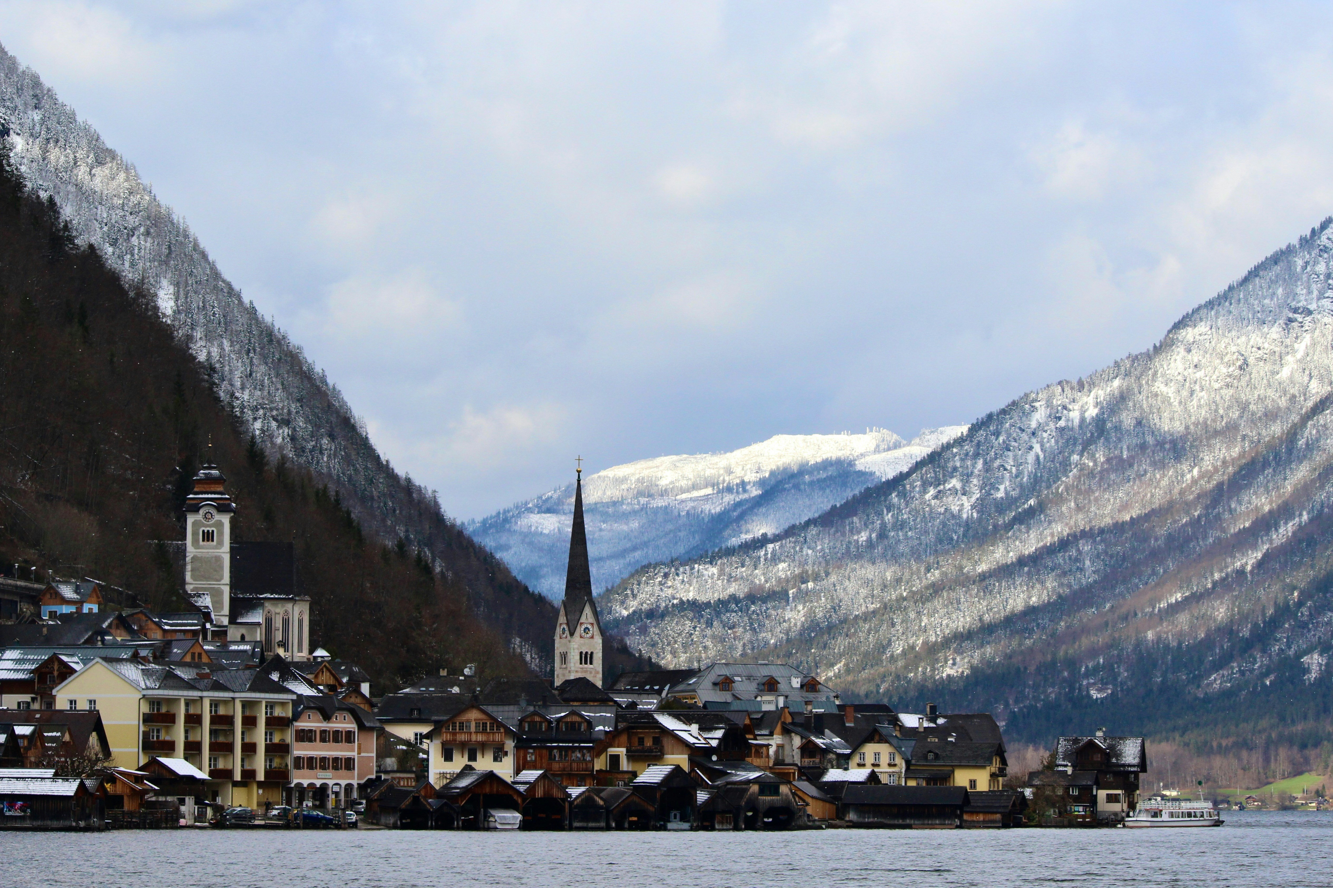 Snow-Kissed Alpine Town by the Quiet Lake