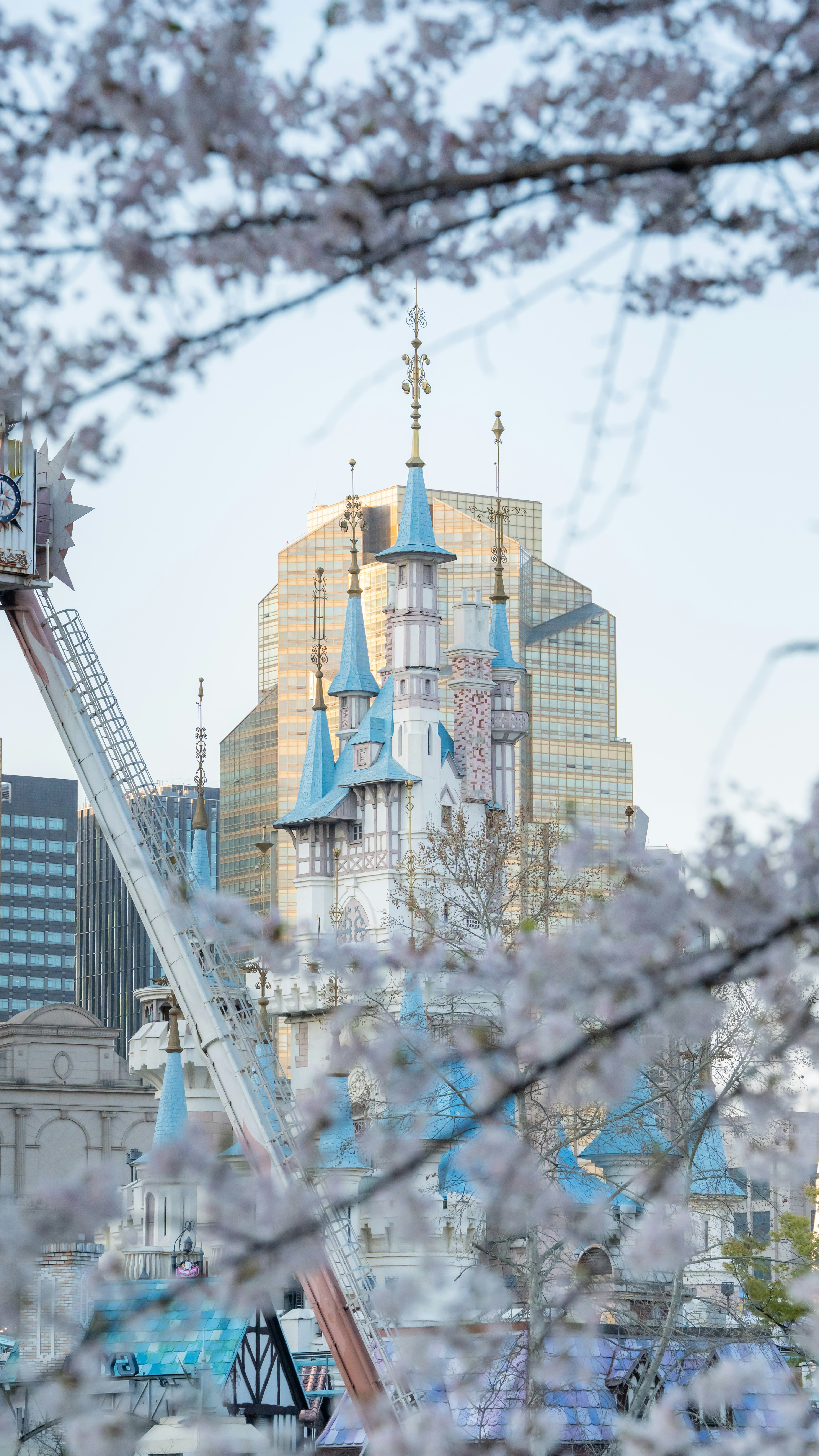 Castle Spires Pierced by Spring Glass: A Citylandscape Framed by Cherry Blossoms