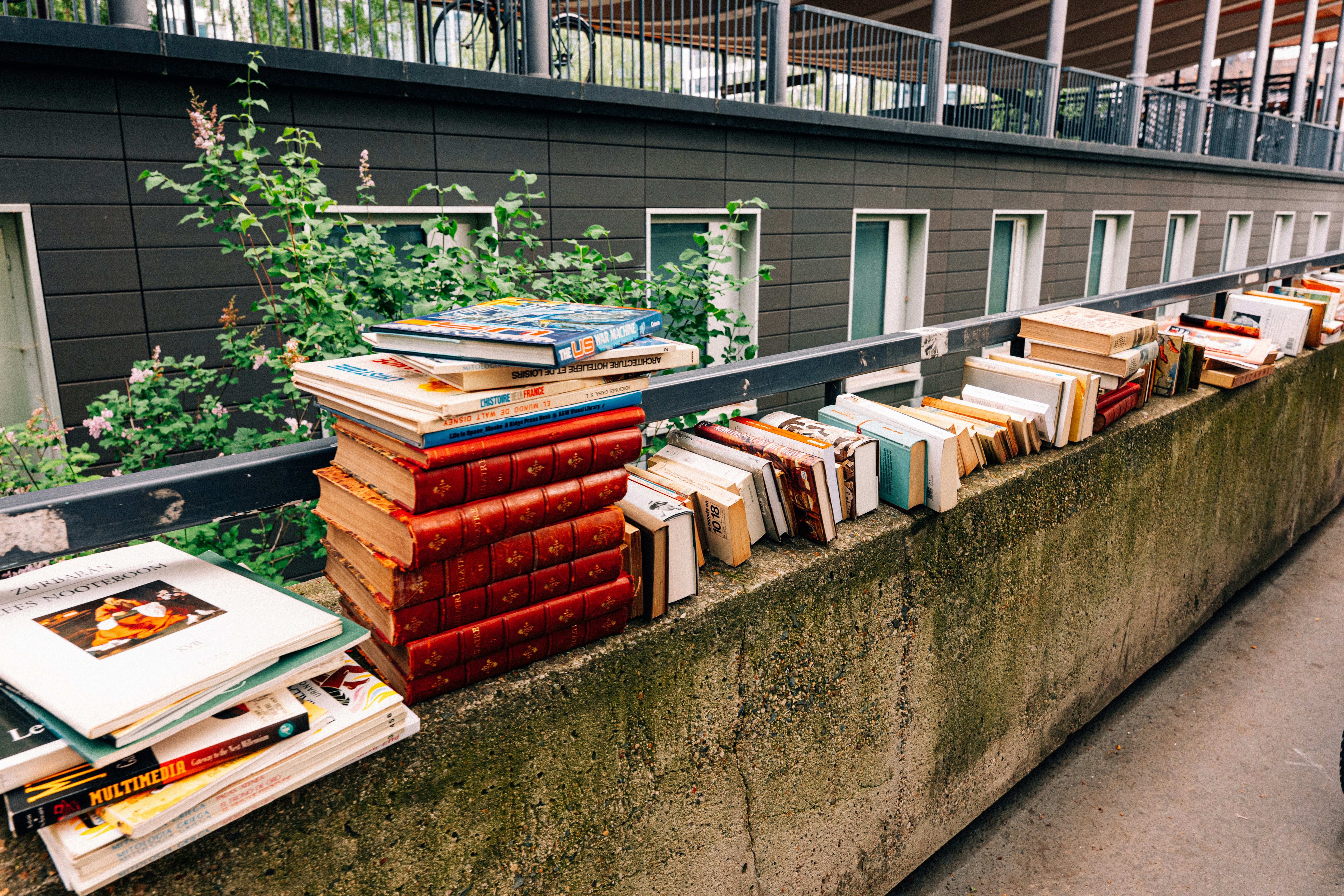Stacked novels on a weathered concrete ledge