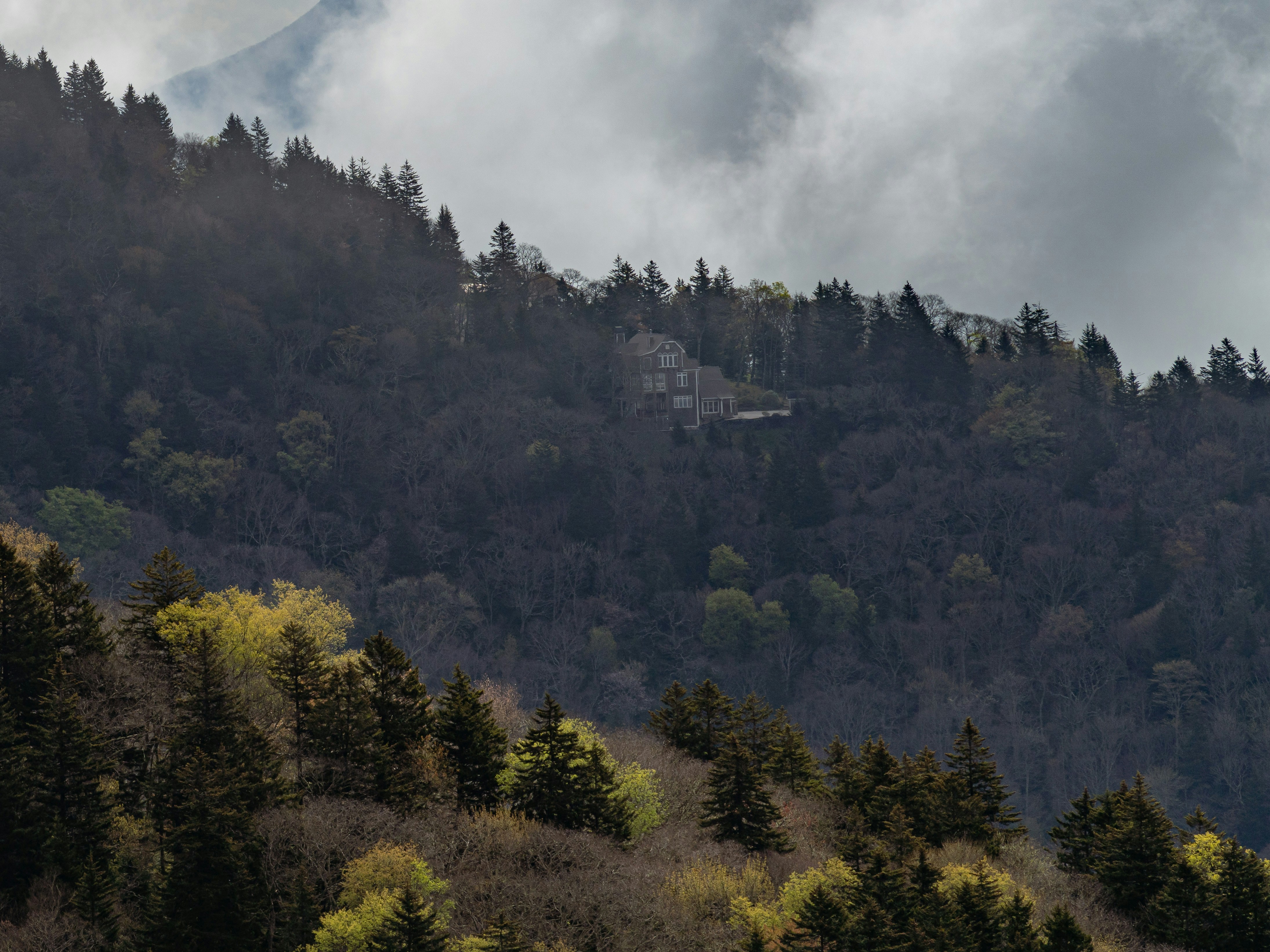 Scenic mountain landscape with forest covered hills