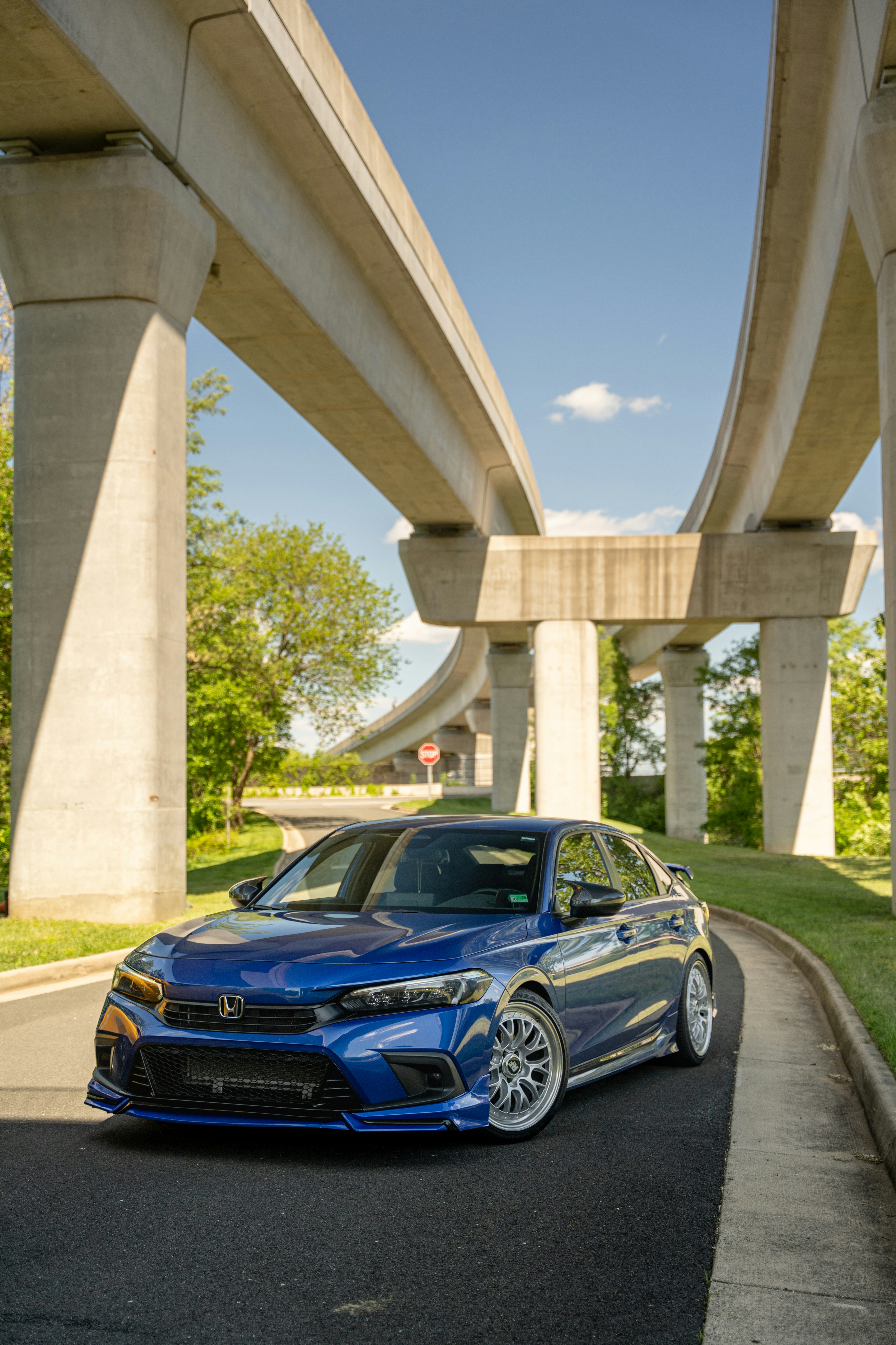 Blue Honda Stance Under Concrete Arches