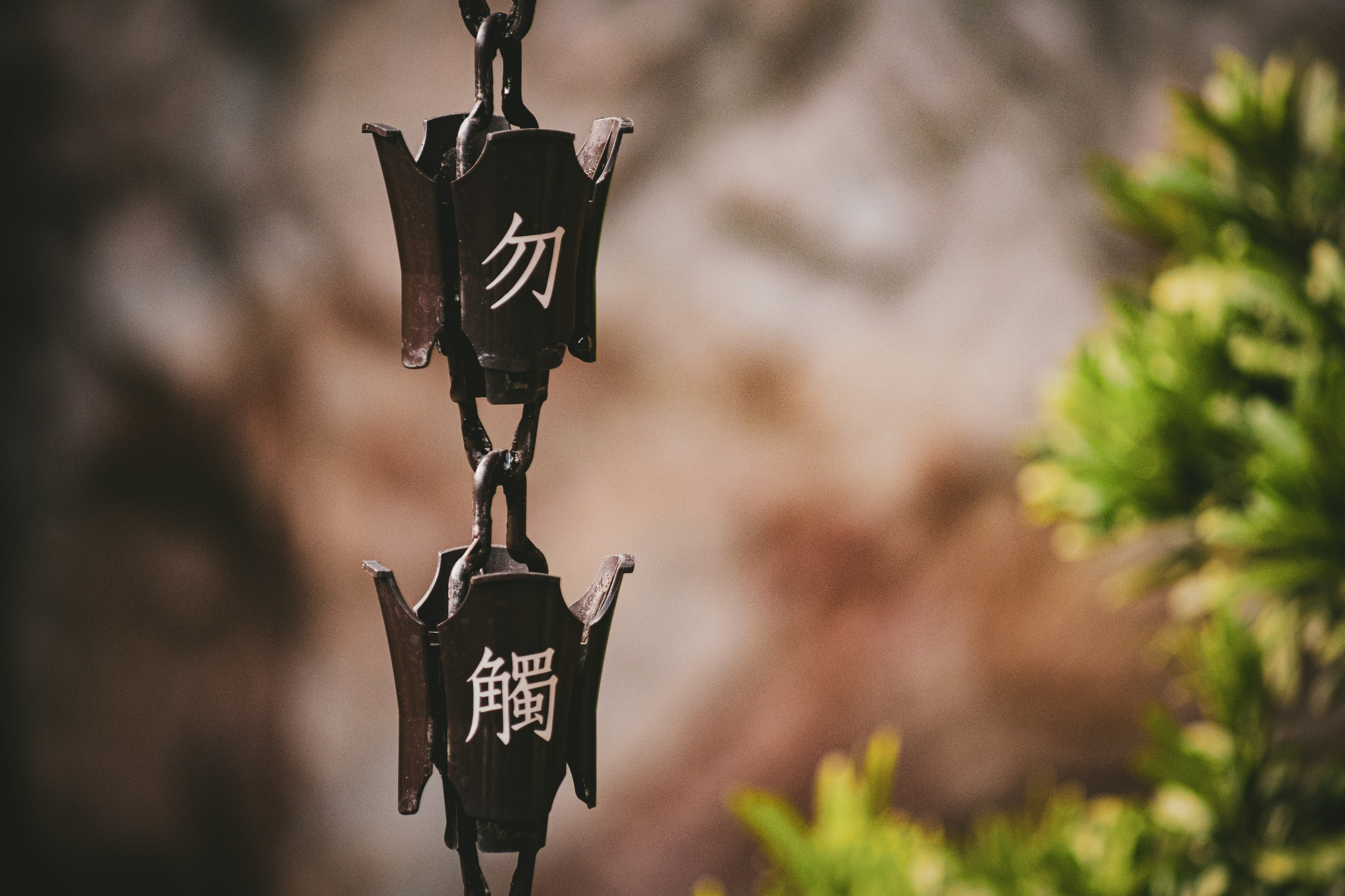 Dark Lanterns with Chinese Characters Suspended in a Quiet Garden