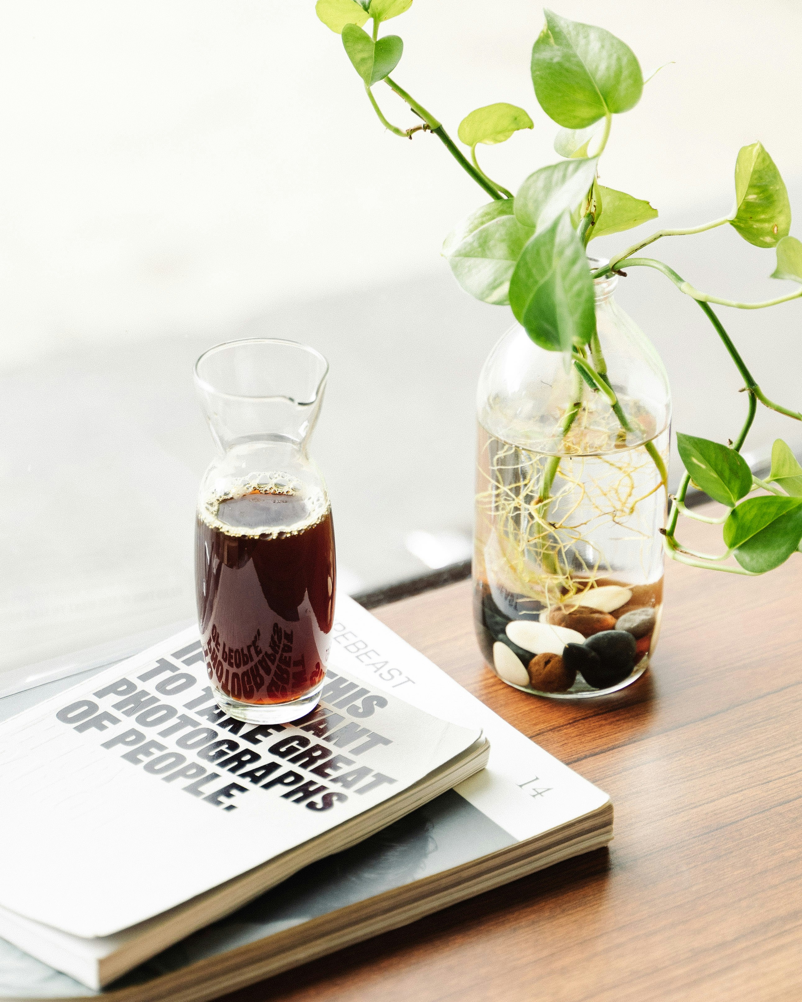 Tiny Gravity: A Glass Carafe and a Vase of Roots on a Quiet Desk
