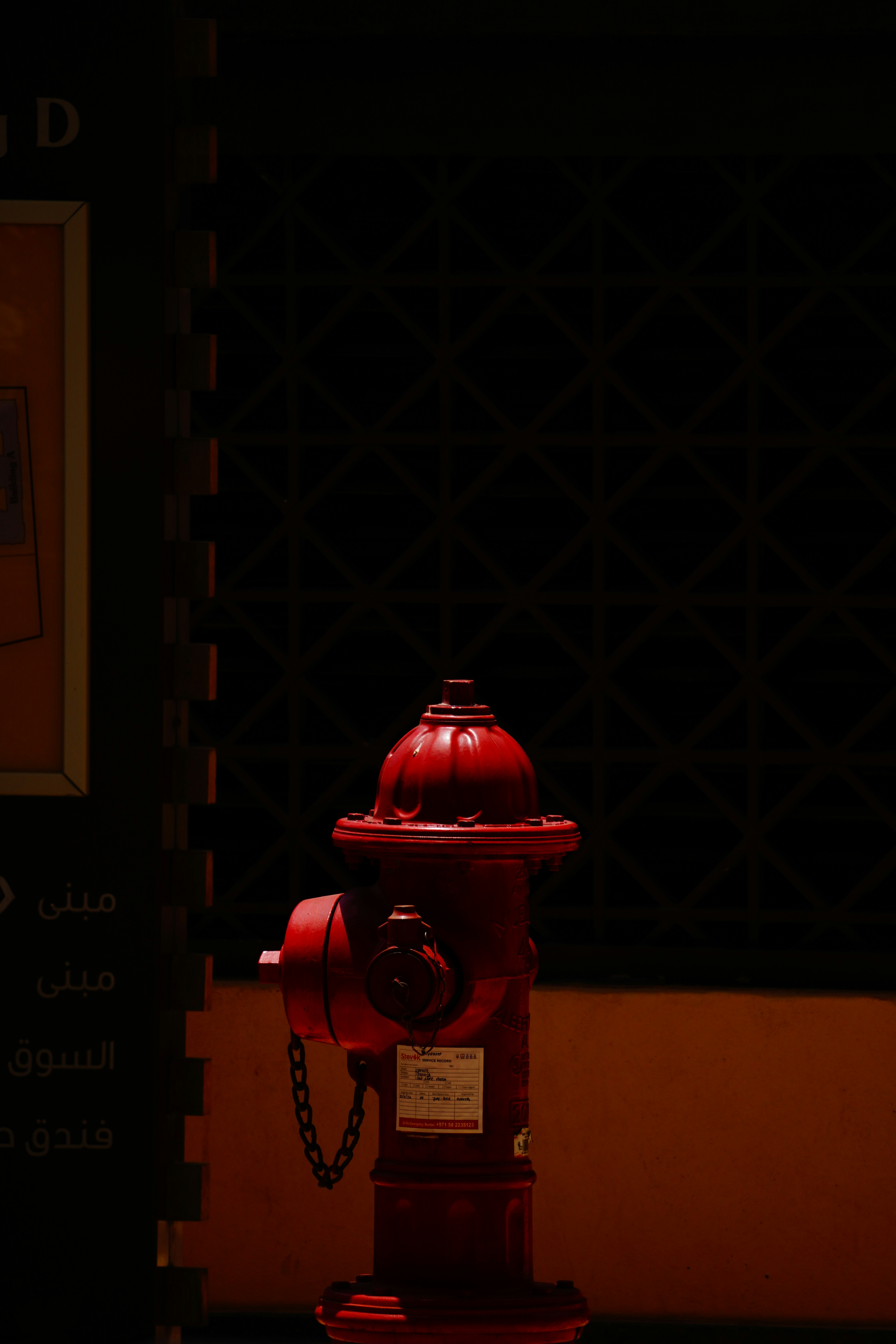 Crimson Sentinel: A Night Fire Hydrant Amid Dim Geometry