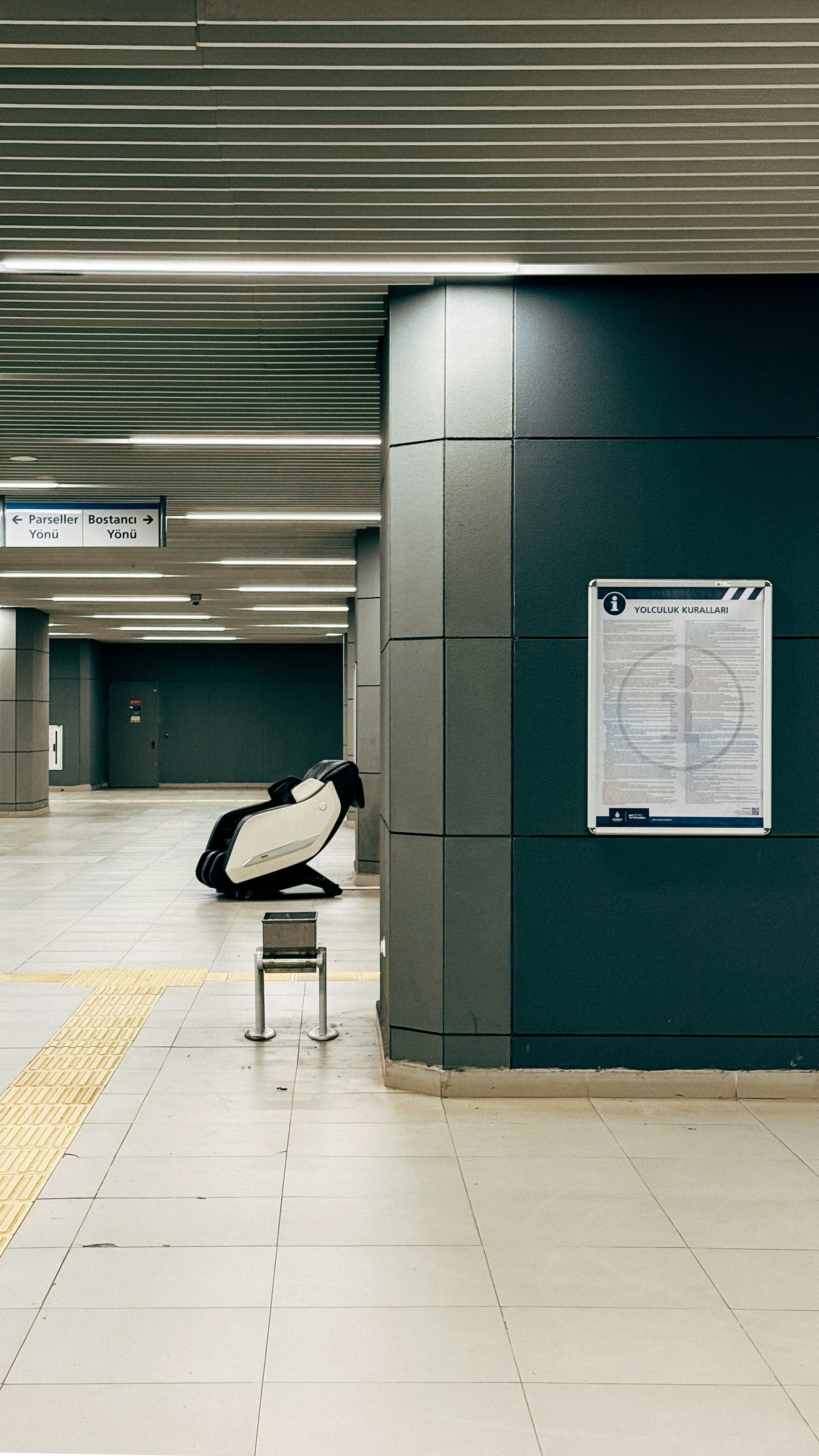 Silent Corridor: A Lonely Subway Seat in Frosted Light