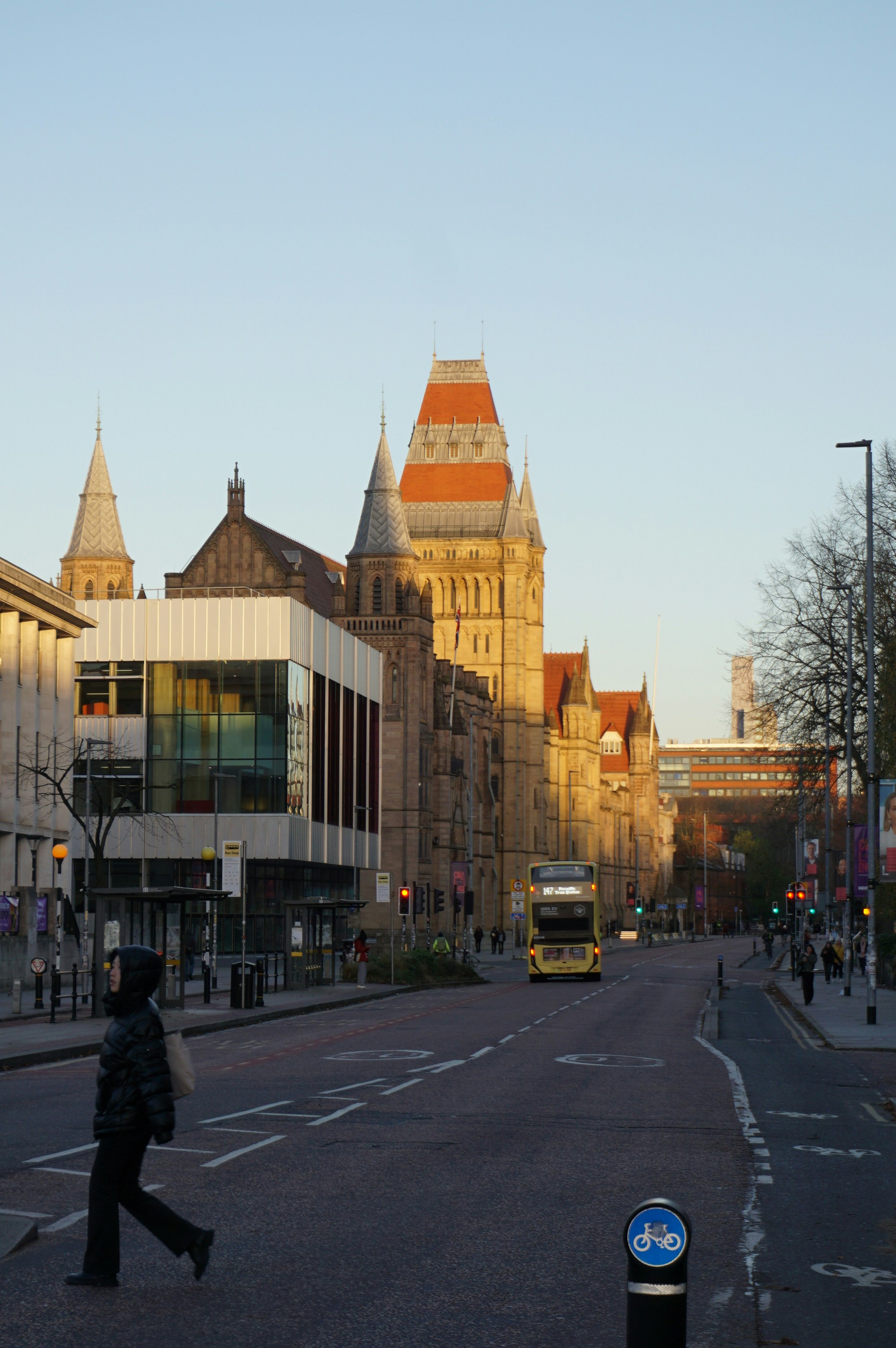 City Street Neon and Stone Towers: A Golden Hour Walk