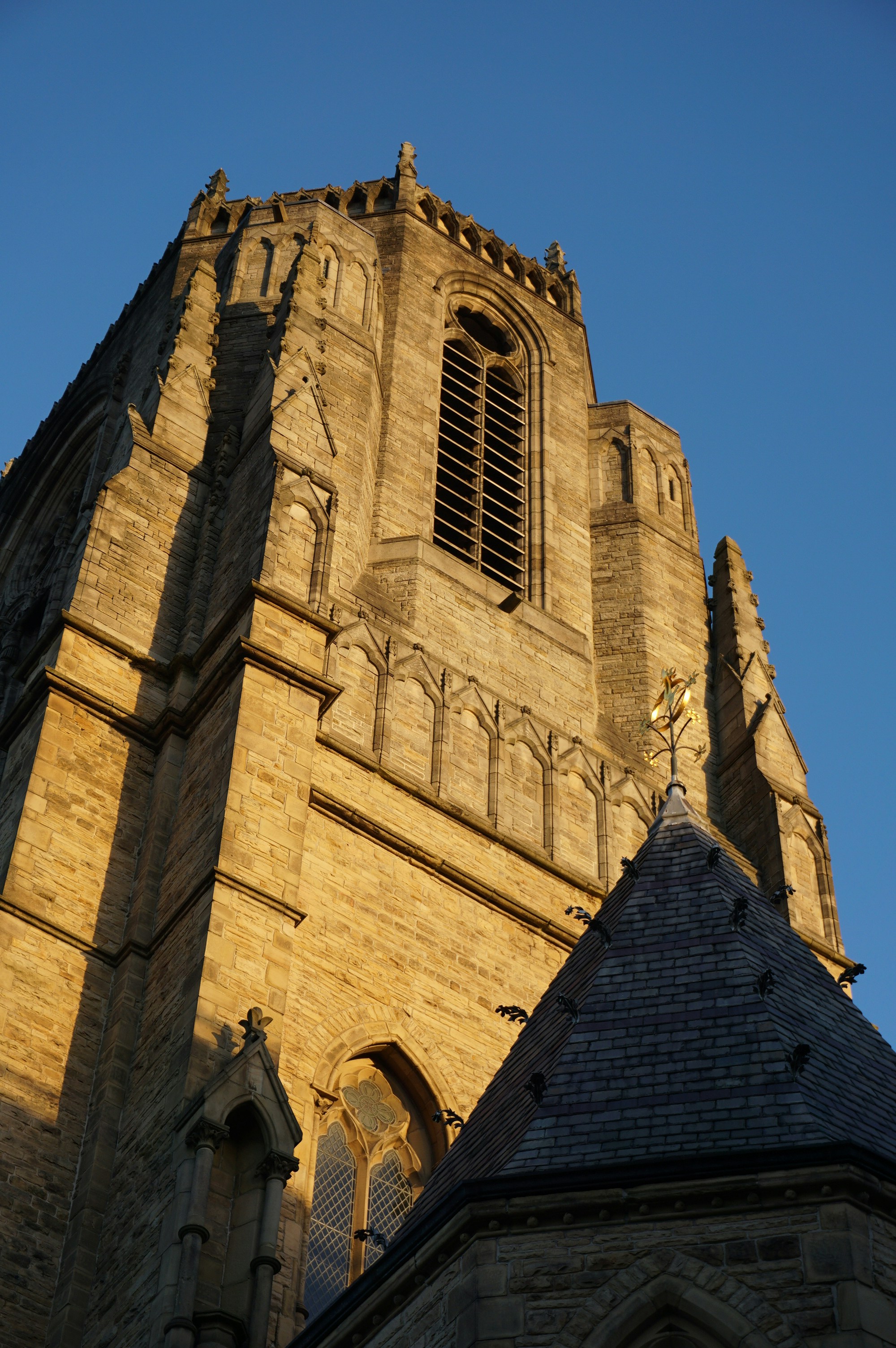 Gothic tower beneath a clear blue sky, lit by late afternoon light