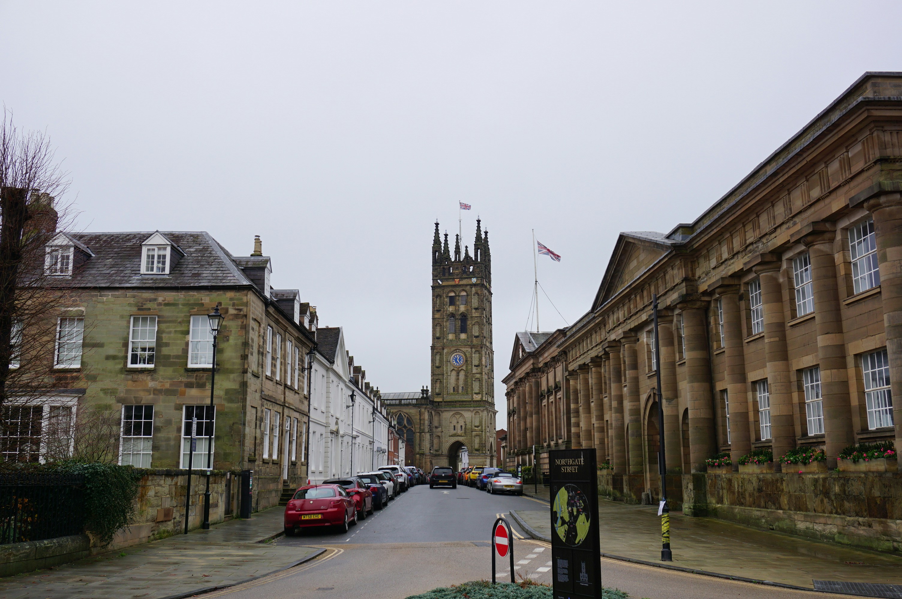 Gothic Clock Tower Framed by a Georgian Street