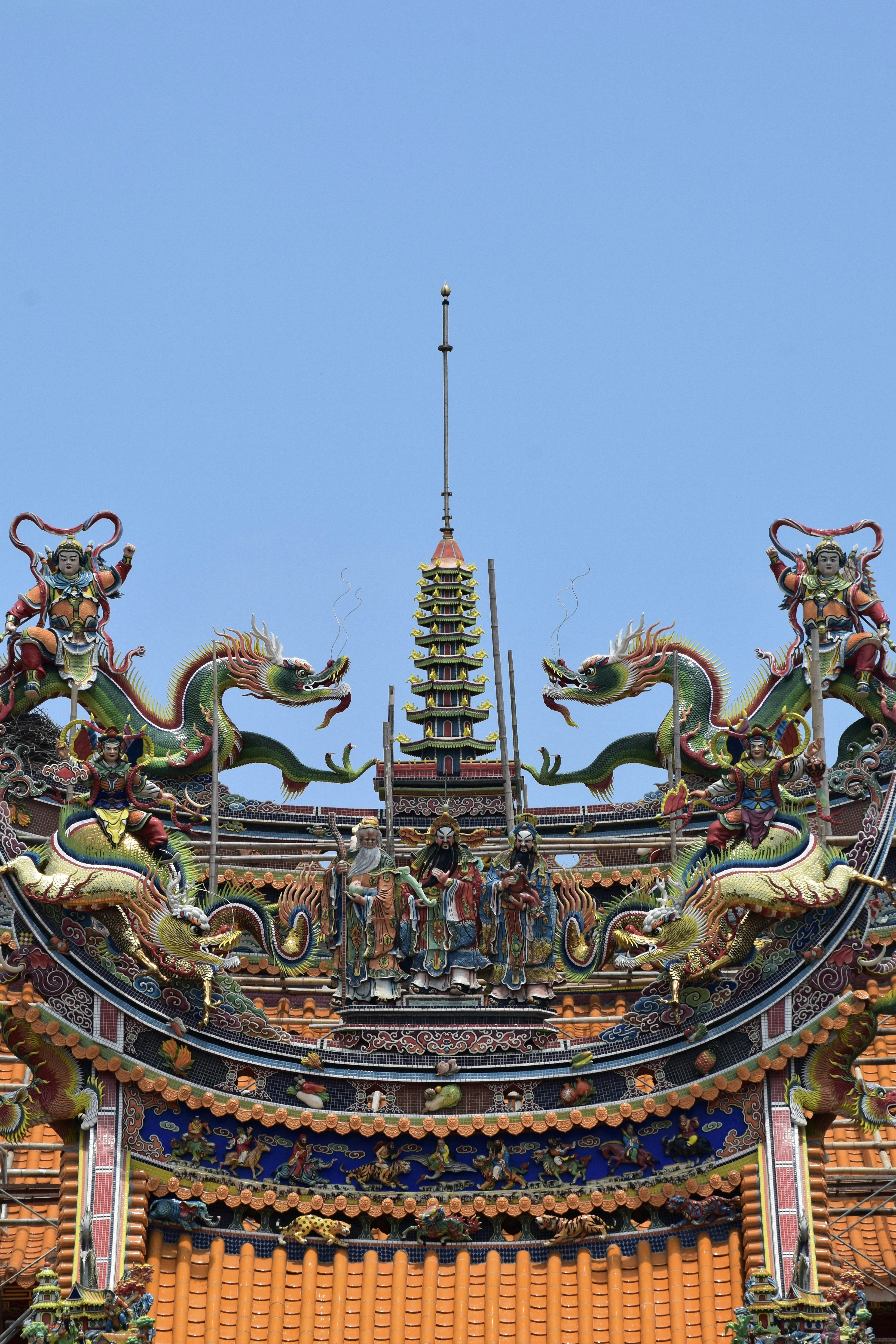 Dragon-edged Roofline: A Temple's Ornate Crest Against a Clear Sky
