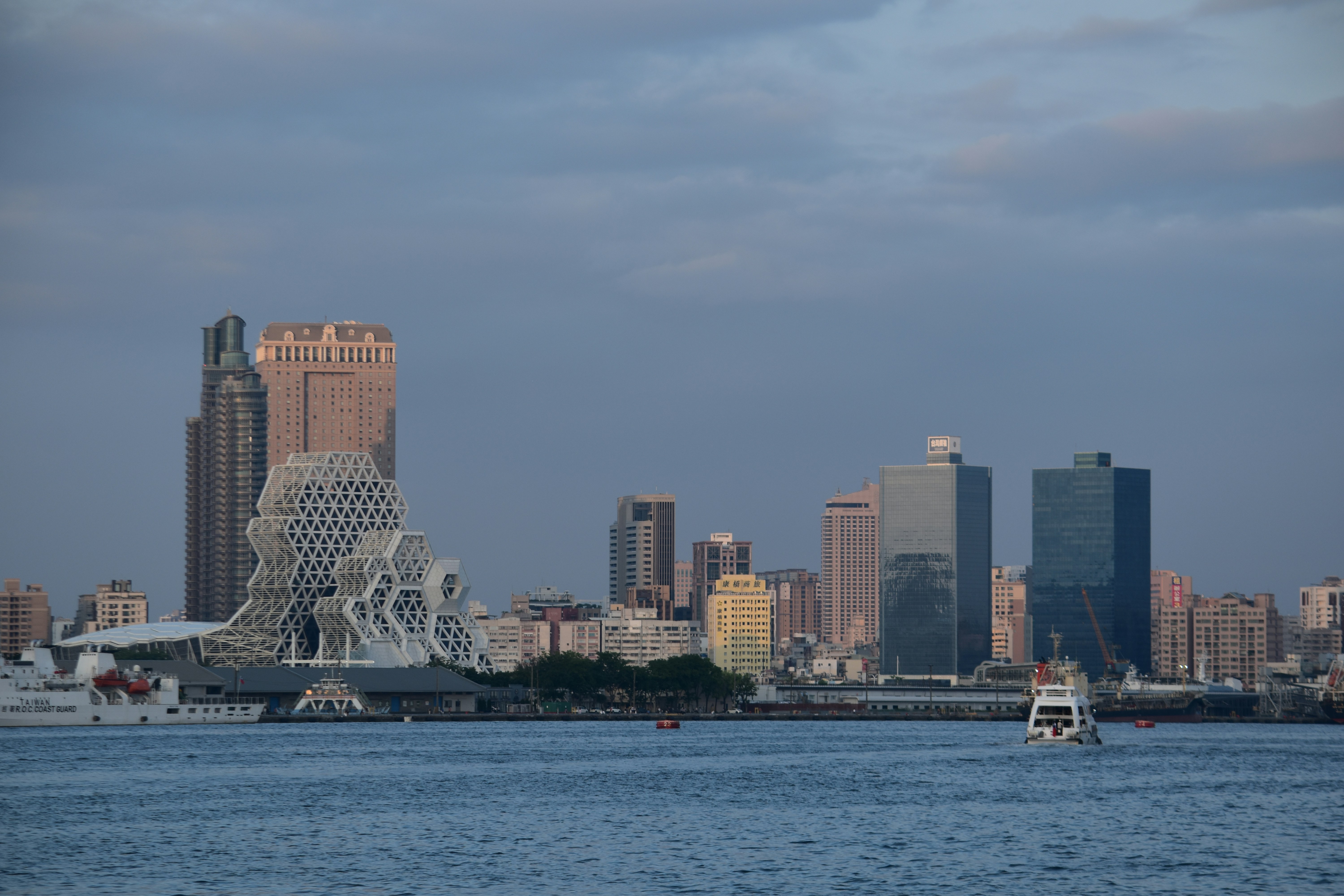 City Skyline on the Waterfront with a Sculptural Dockside Feature