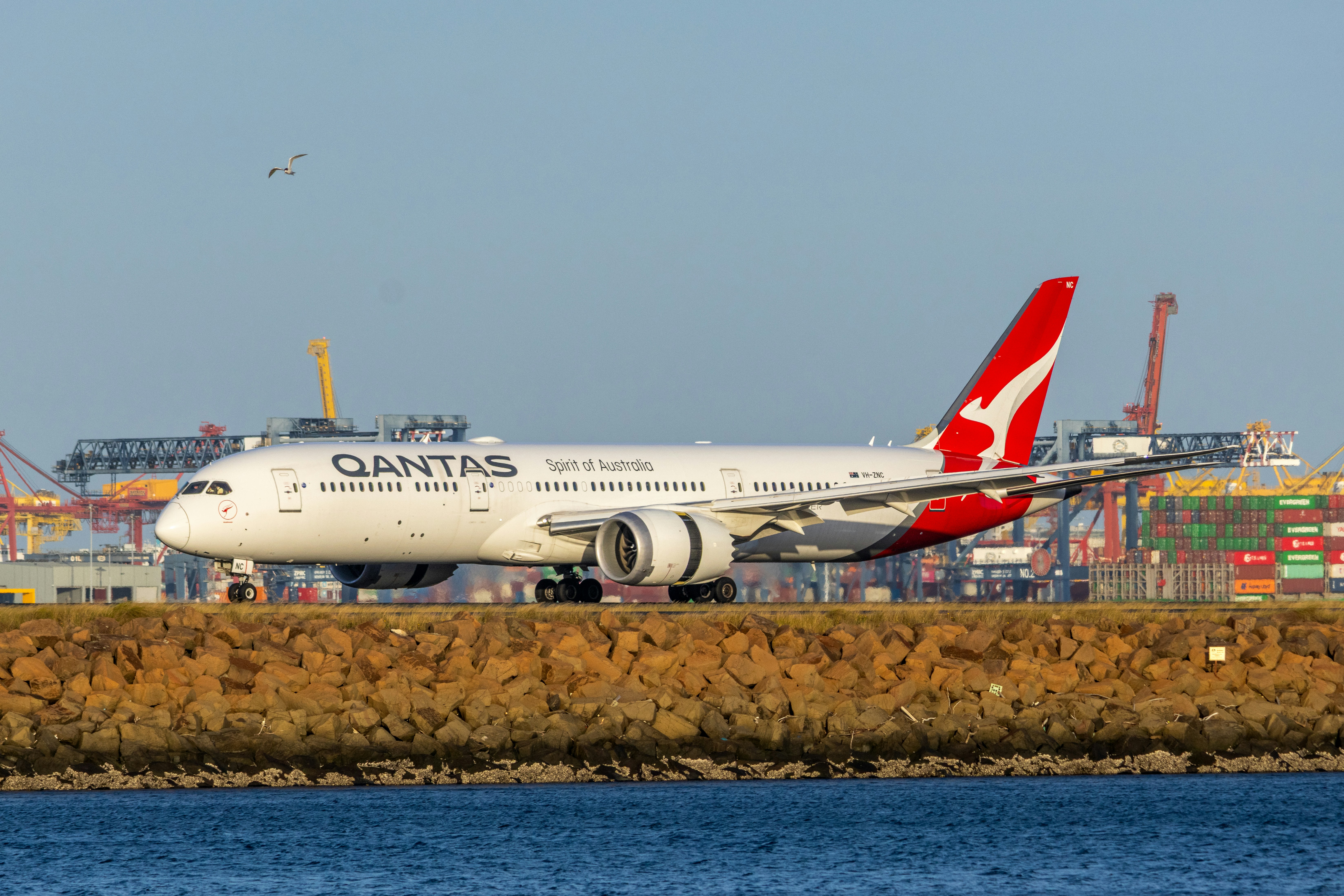 Qantas Dream Liner at the Jetty: Cargo, Crane, and Calm Sea
