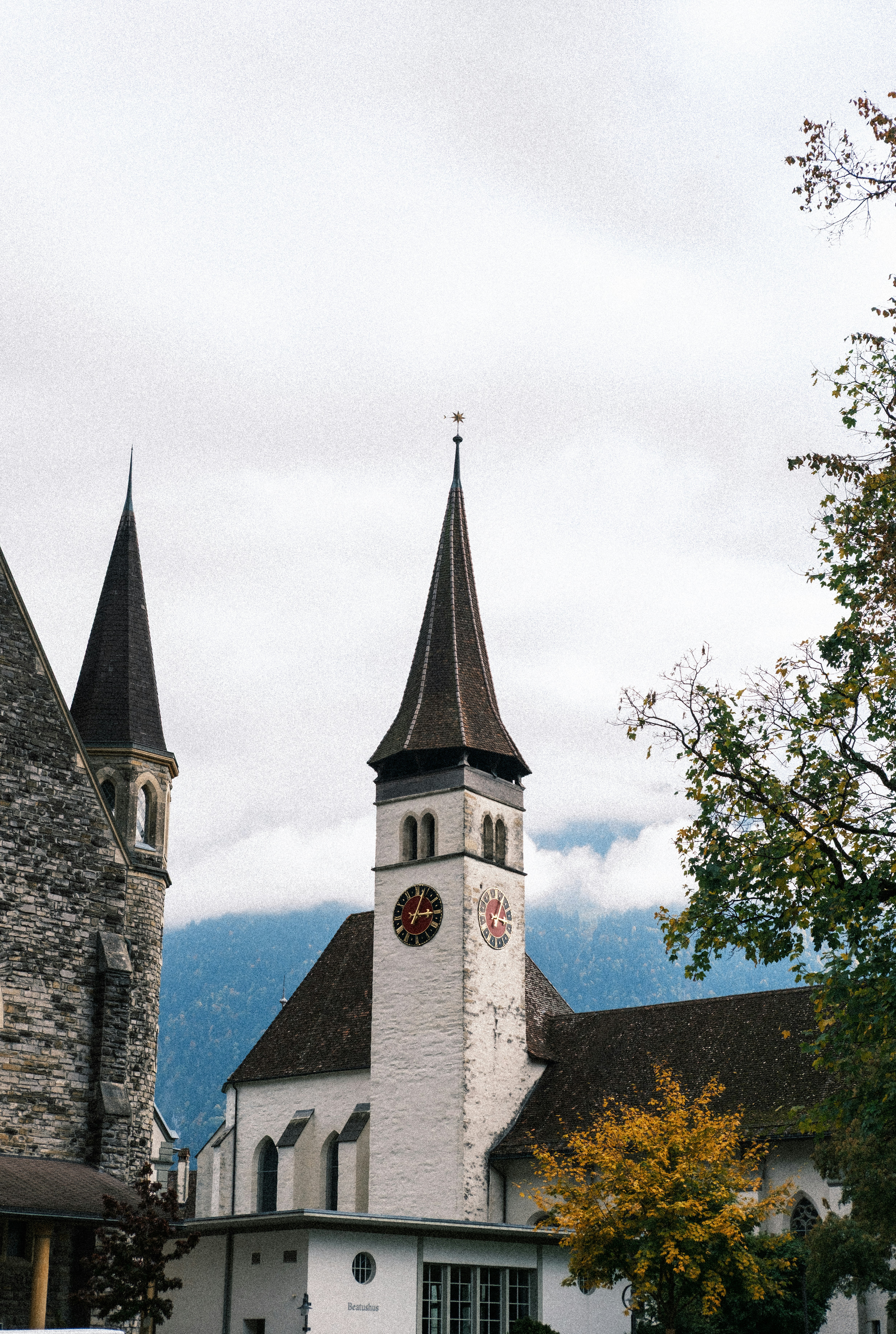 Church Spires Against Alpine Sky