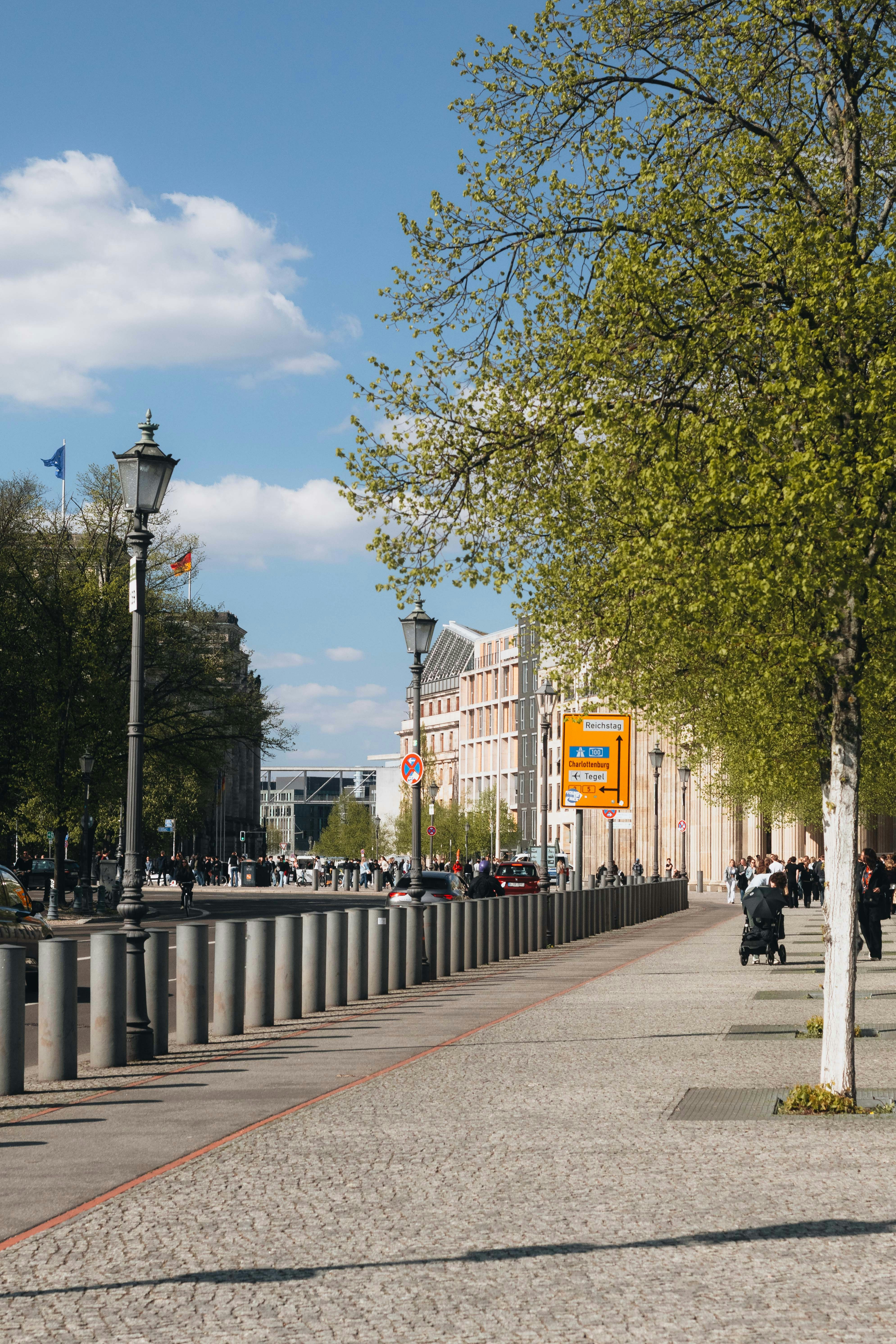 City street with trees and historic buildings