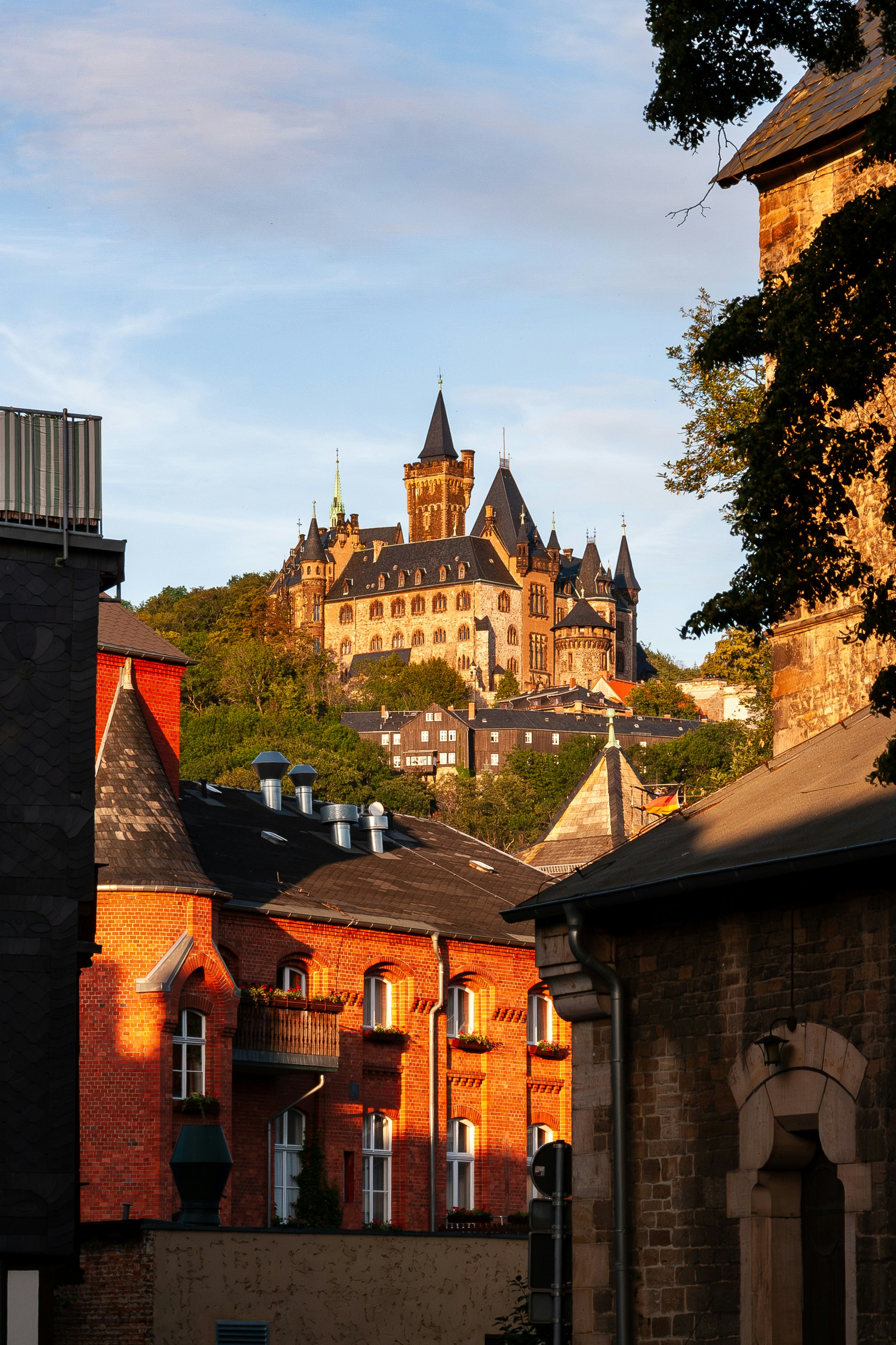 Castle Crown Over Crescent Town: Sunlit Rooftops Framing a Peak Castle