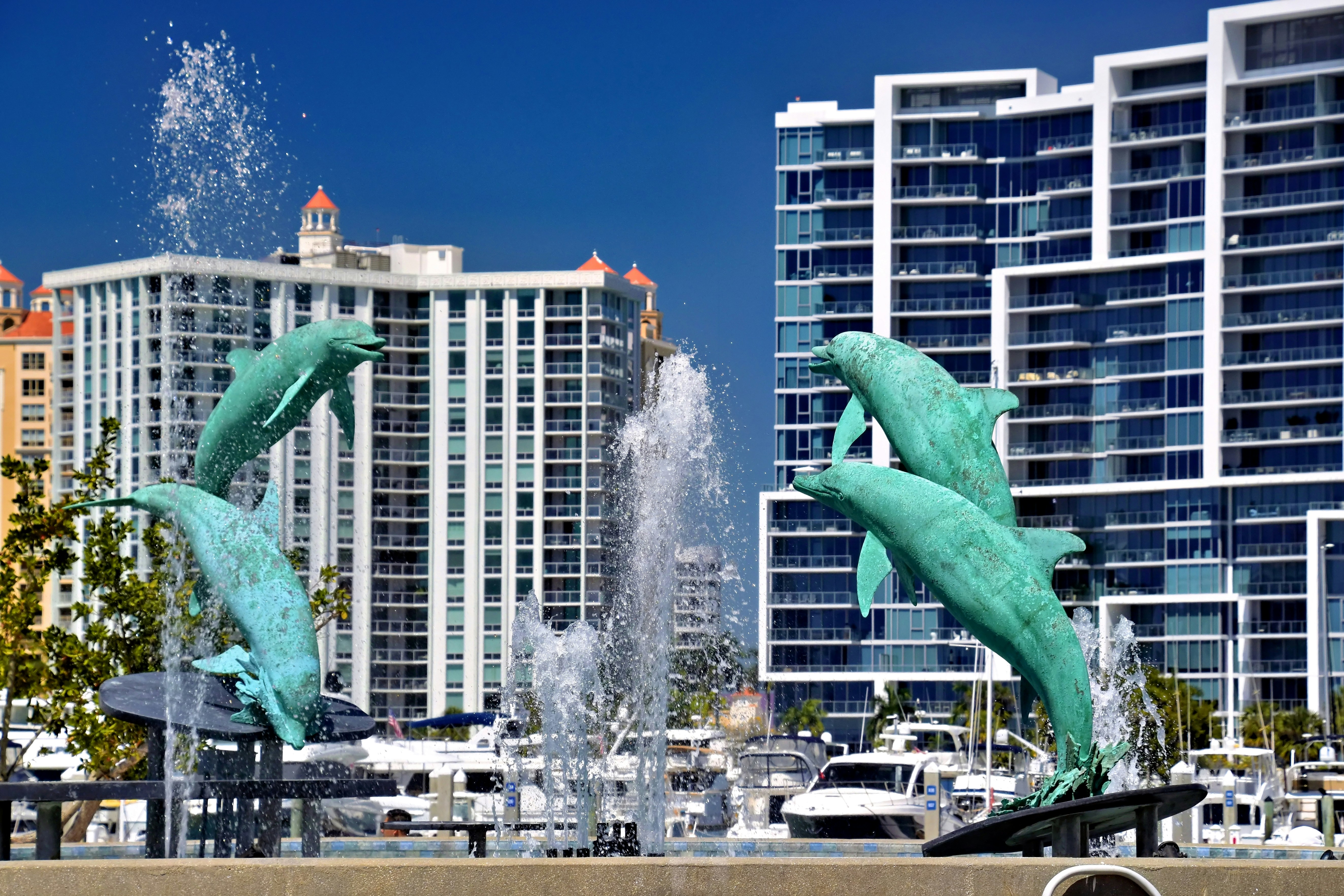 Dolphin fountains rise beside a marina skyline
