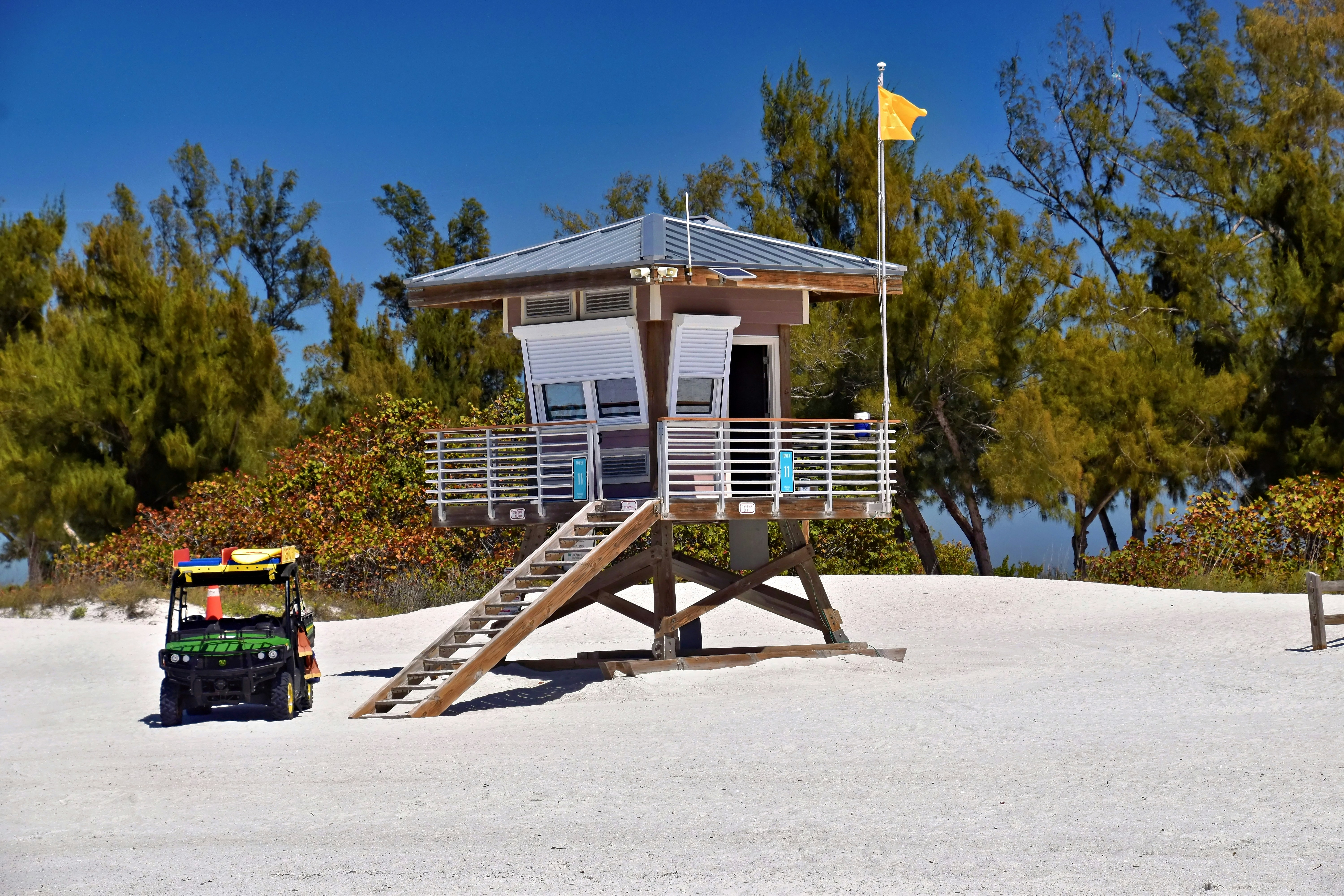 Lifeguard Tower on Sunlit Beach: Quiet Moment by the Pines