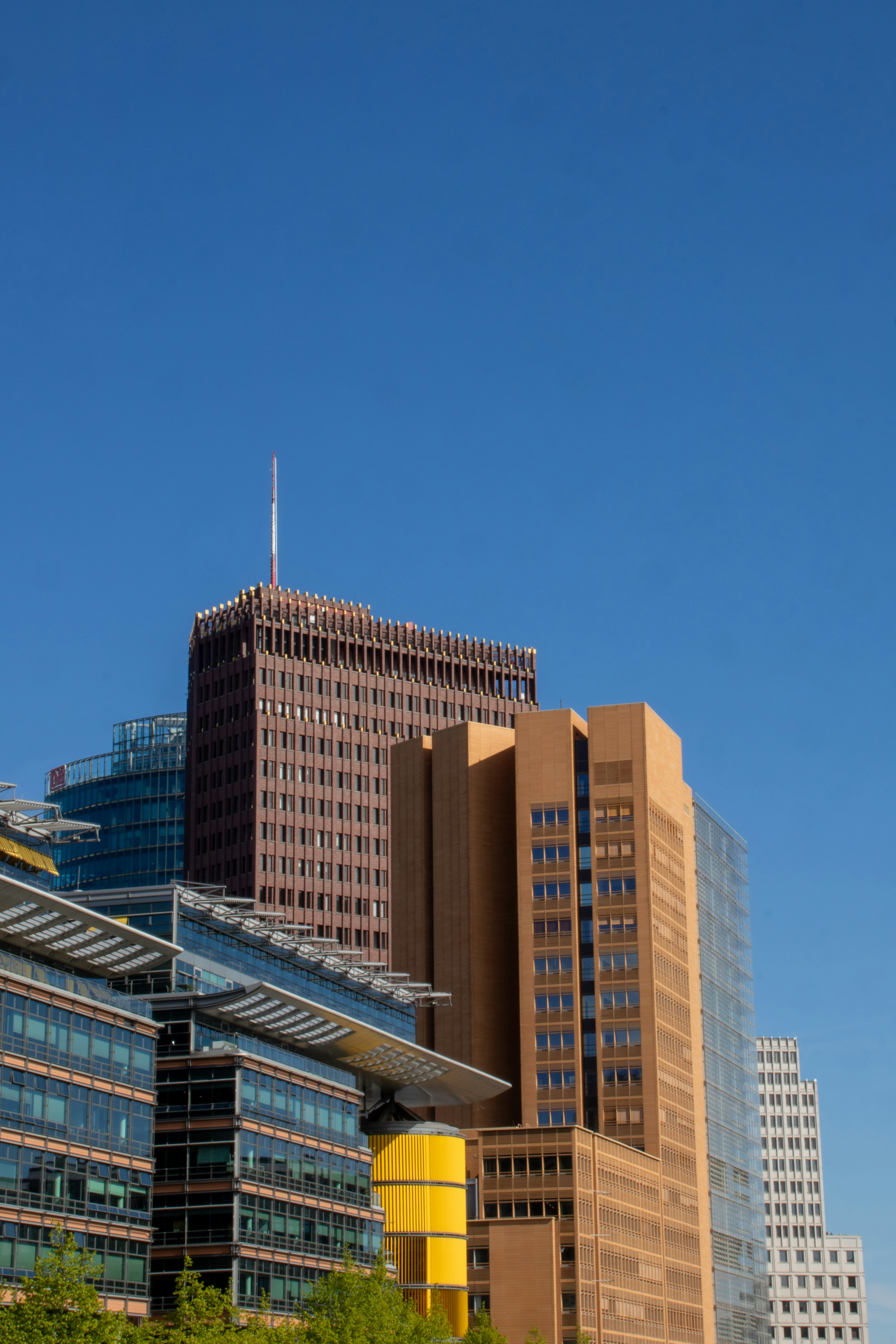 Skyline Script: A Vertical Cityscape Under a Clear Blue Canvas