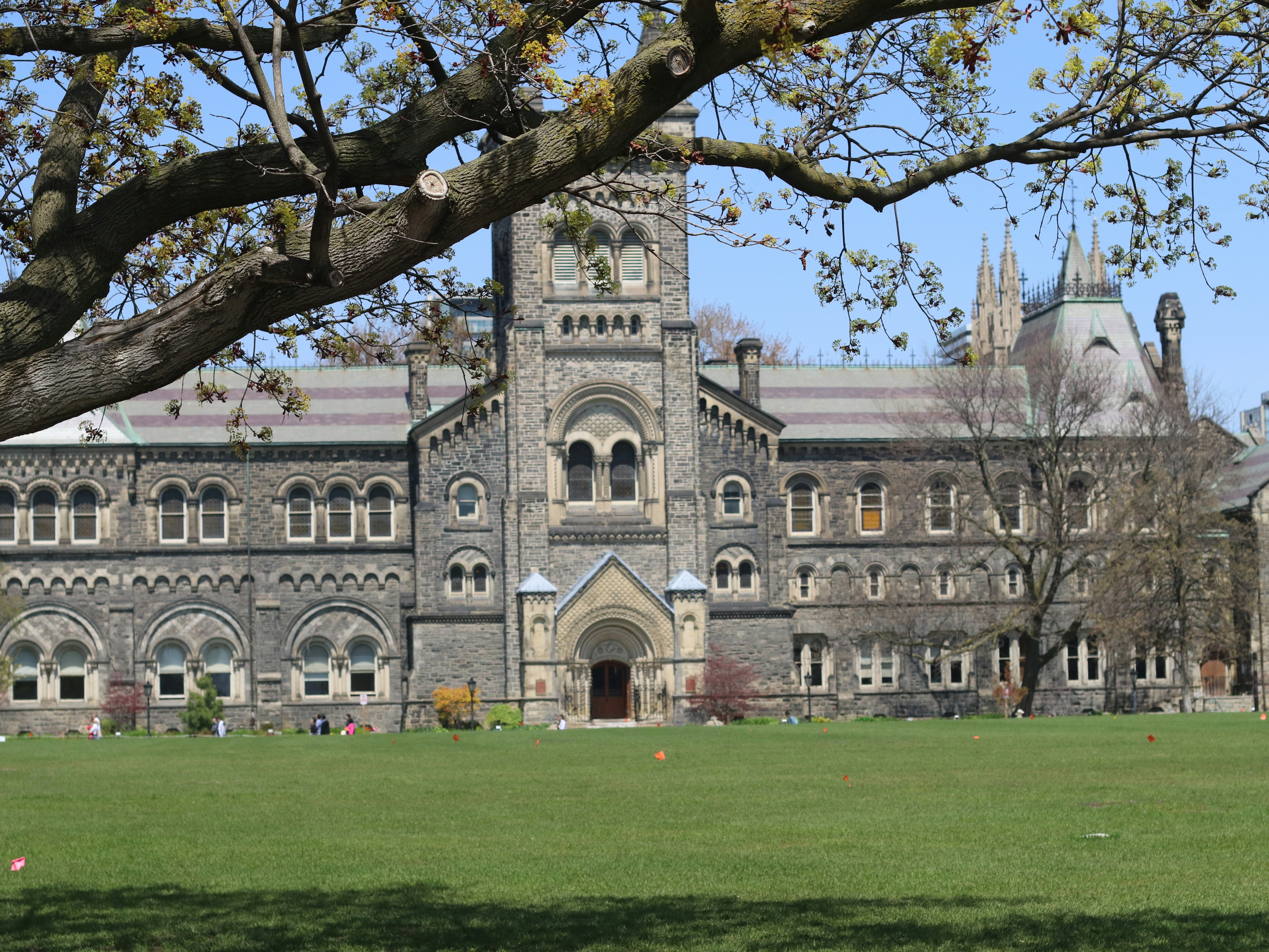 Gothic Facade Under Open Sky: A College Campus Wide