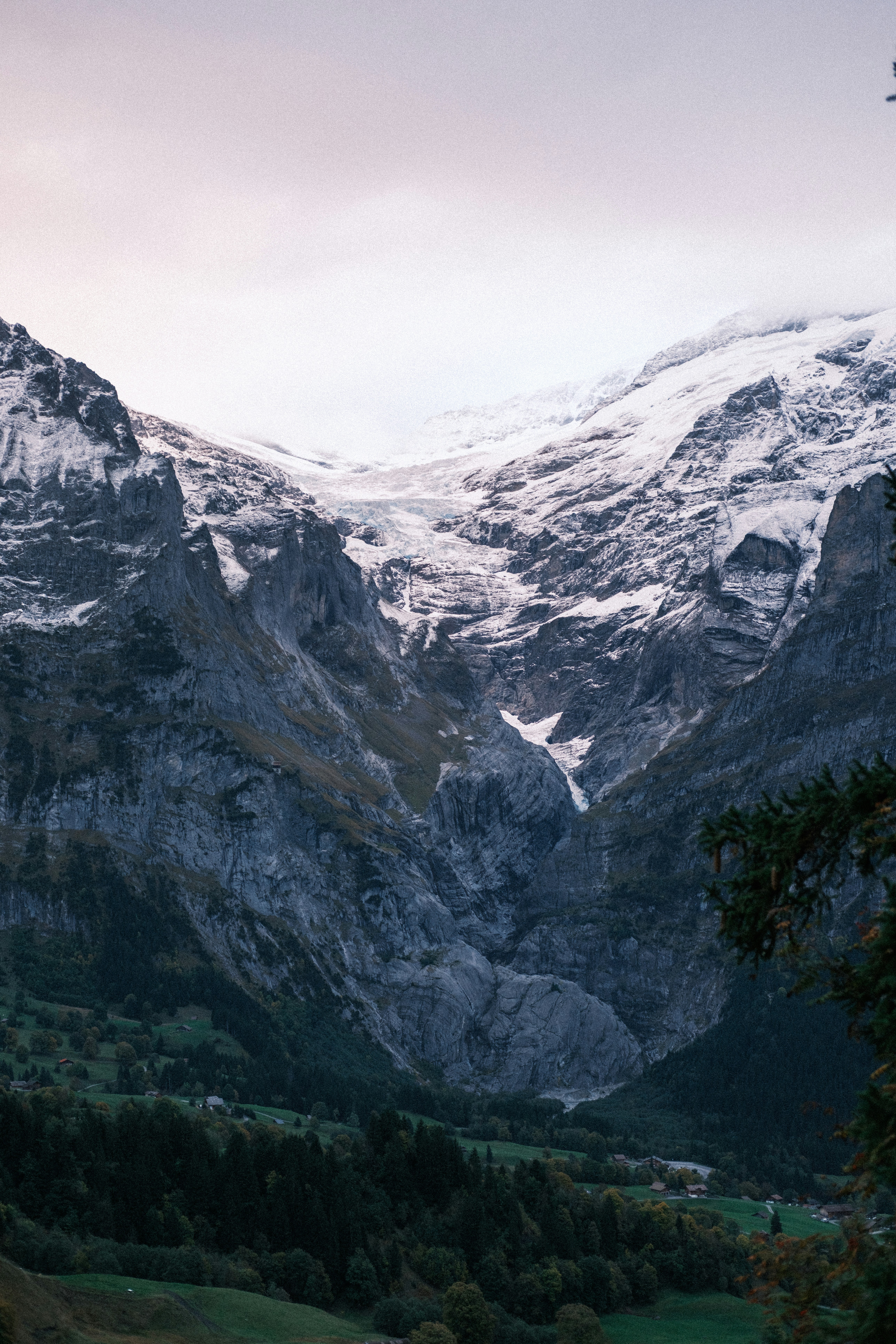 Snow-kissed Alps: Valley Green Beneath Towering Peaks