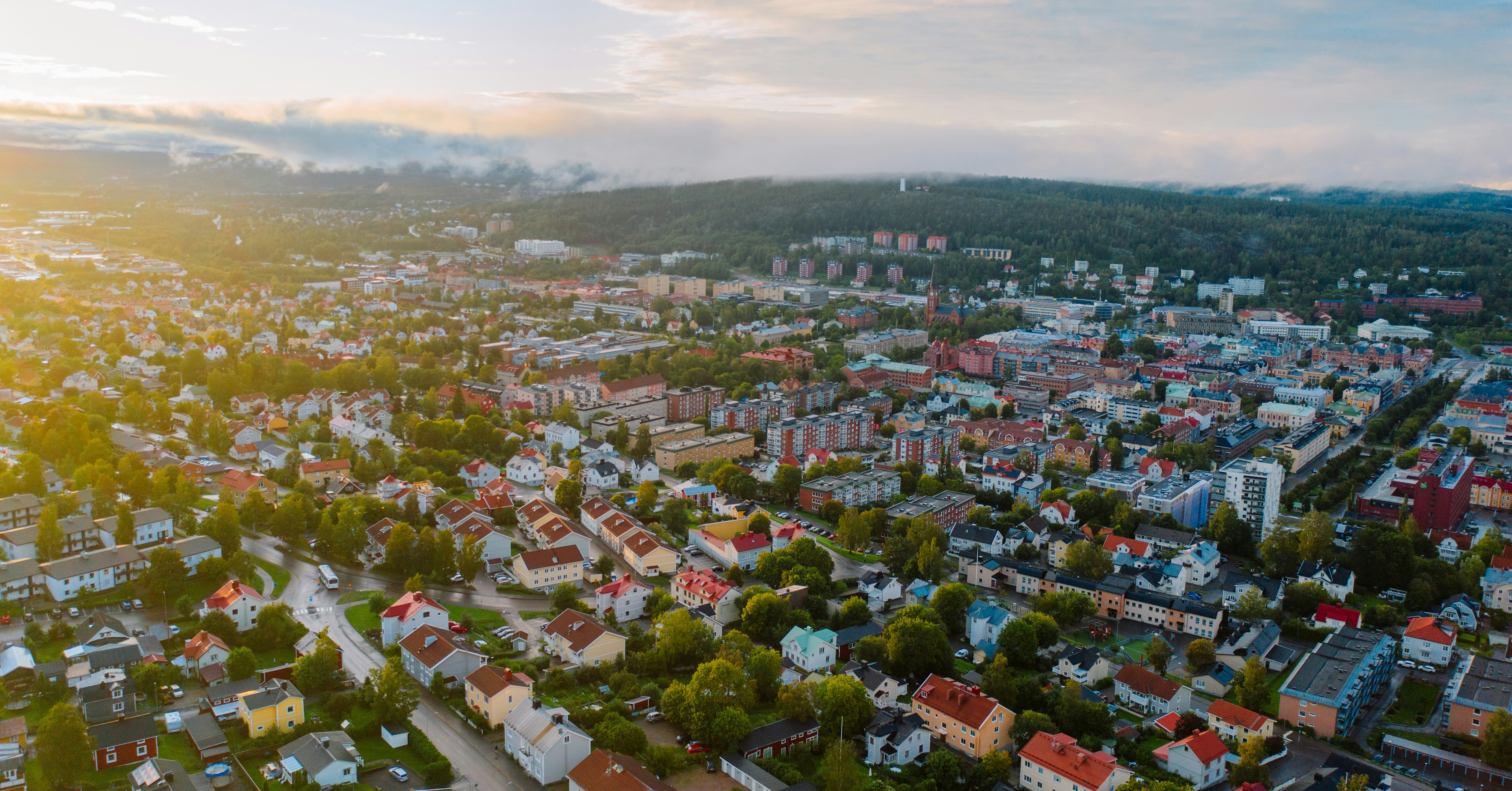 Sunlit suburbia: Aerial mosaic of rooftops and streets at golden hour