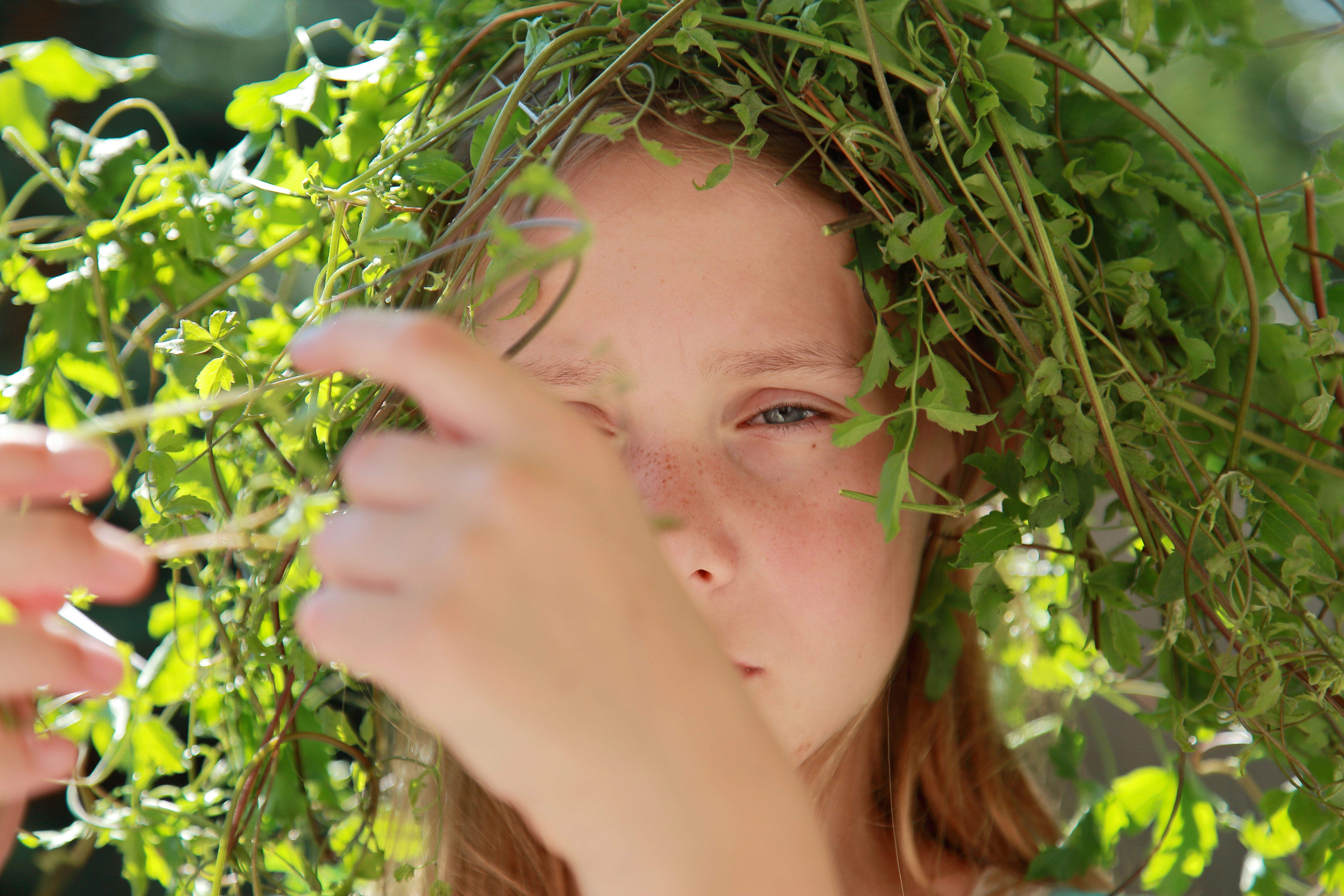 Whispering Leaves: A Close View of a Child Partially Hidden by Green Canopy