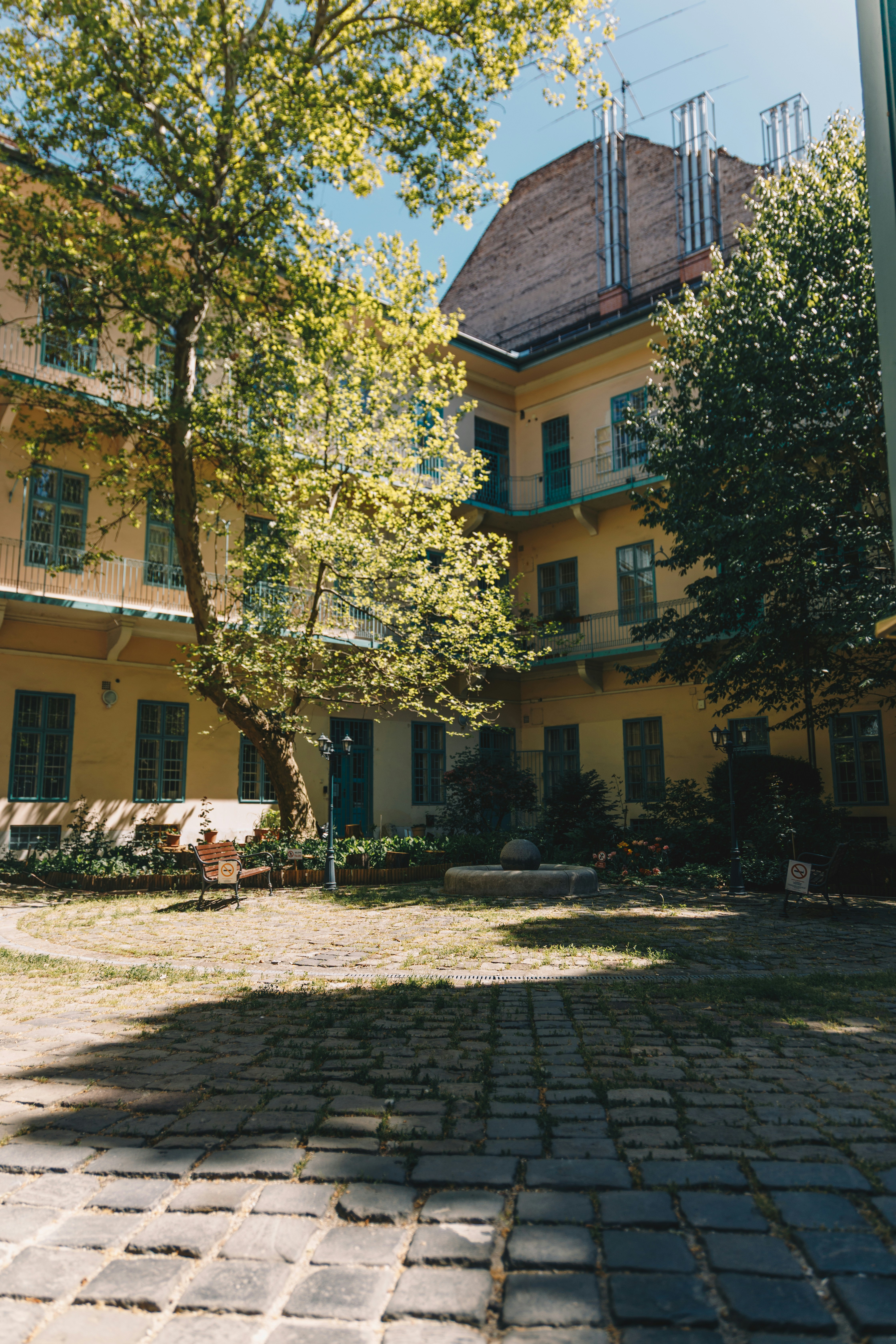 Sunlit courtyard of a yellow villa framed by trees and cobblestones