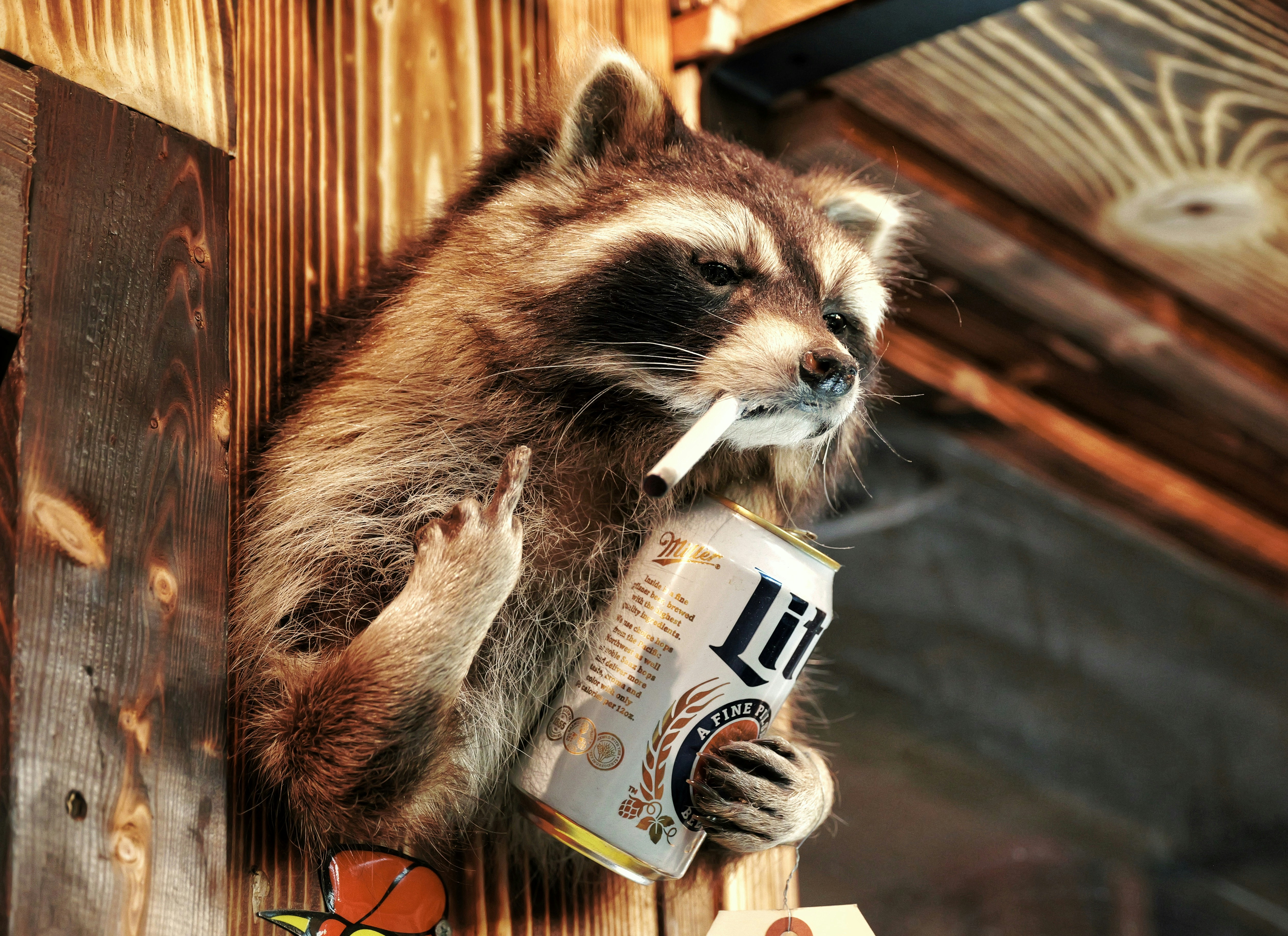 Raccoon at a Wood-Panel Bar: Cigarette and Can Still Life