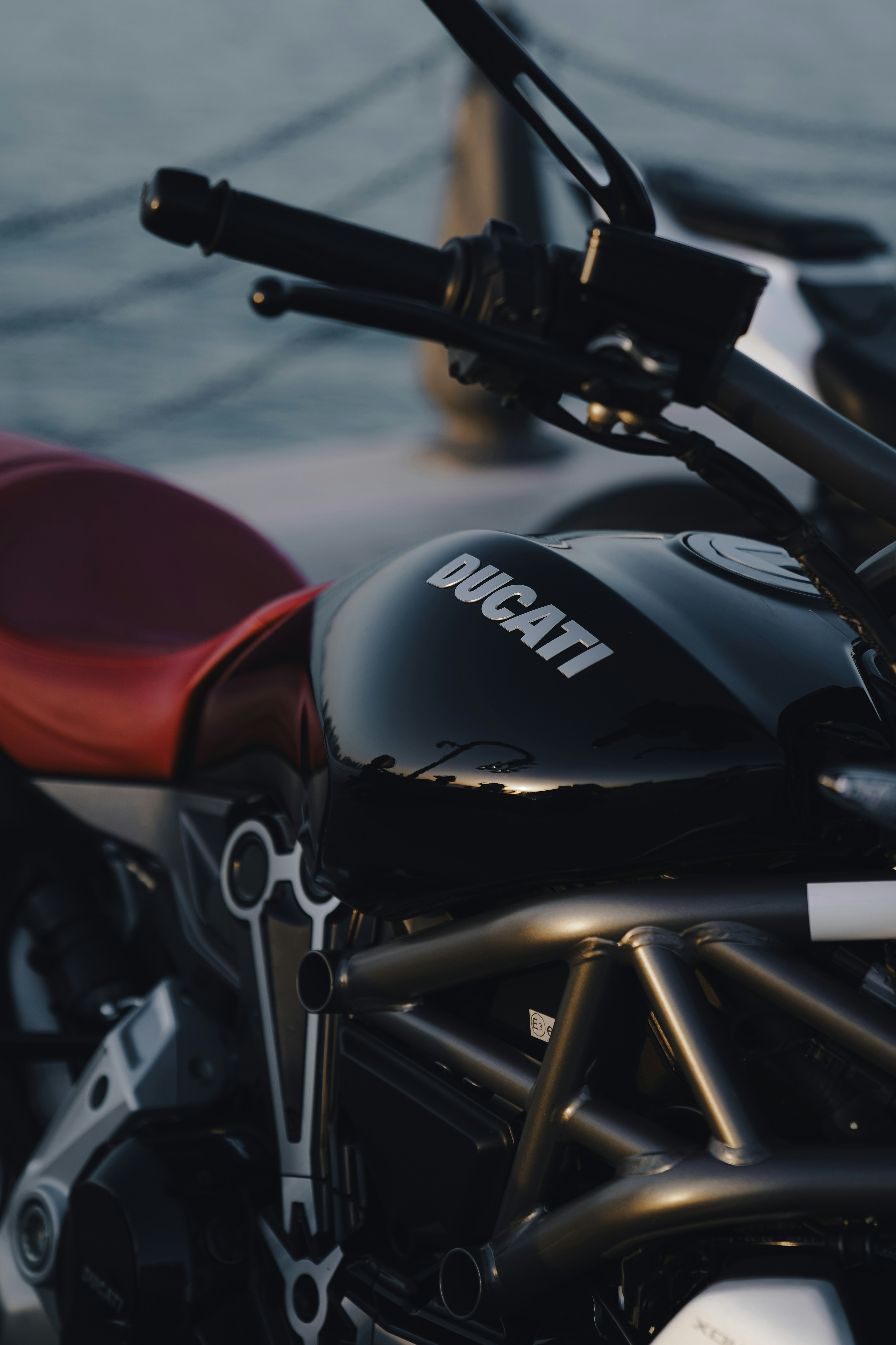 Close-up of a glossy Ducati motorcycle tank with bold white logo, red seat, and exposed frame set by a blurred waterfront background. A sleek, mechanical focus on the bike's curves and textures.