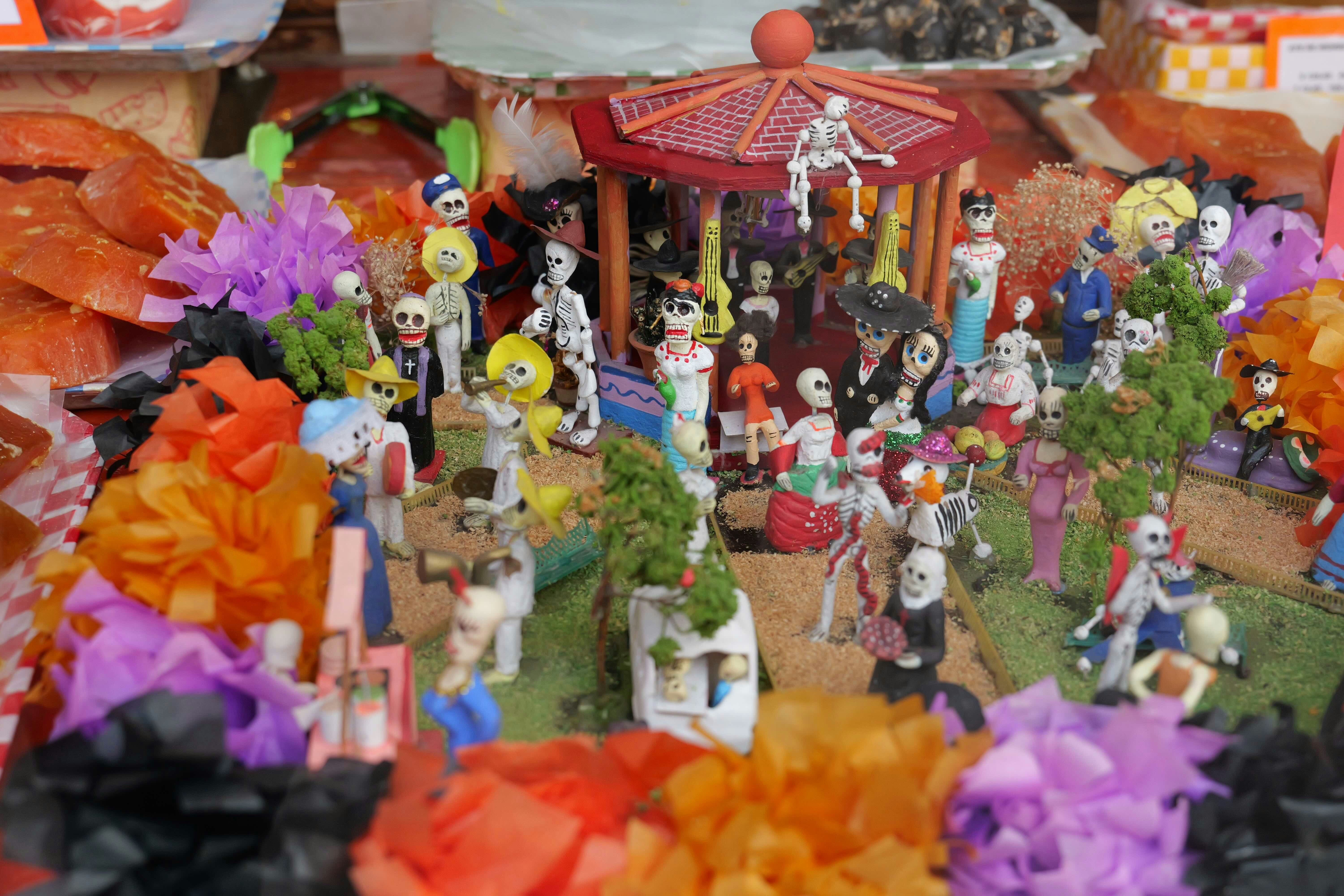 Miniature Carnival of Skeletons: A Colorful Clay Village