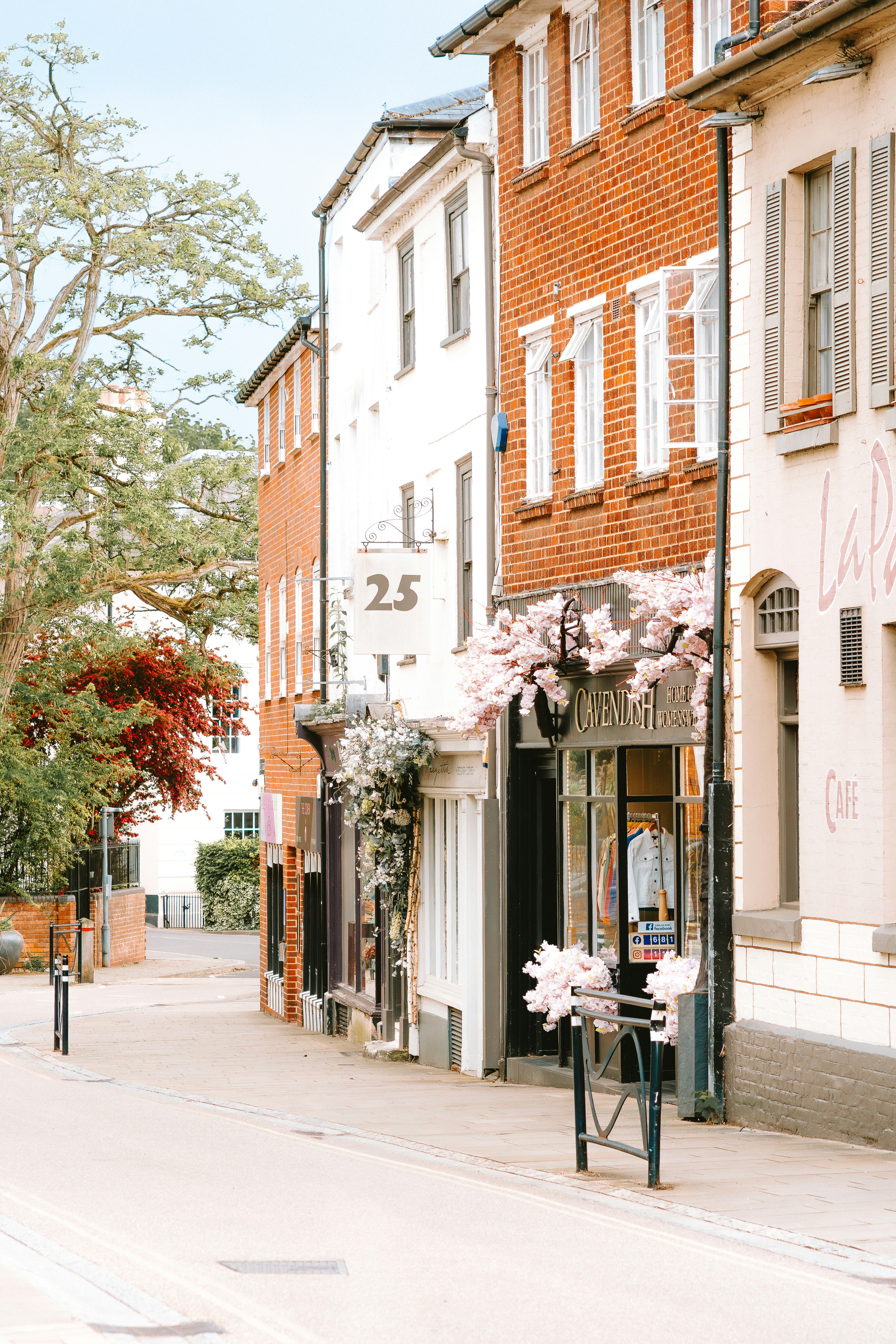 Cherry Blossom Shopfronts on a Quiet Brick Street