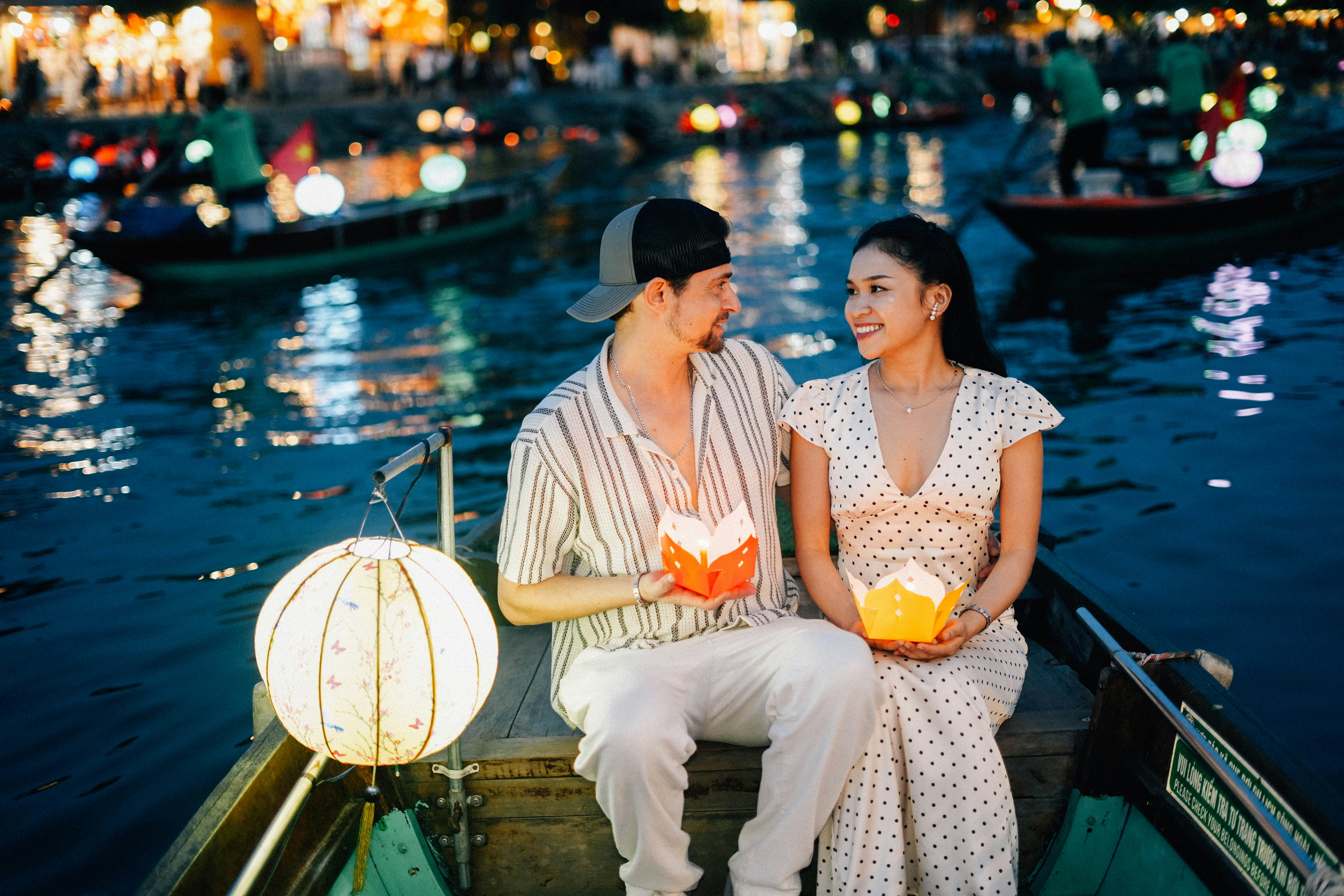 Moonlit Boatride: Shared Glances by Lantern Light