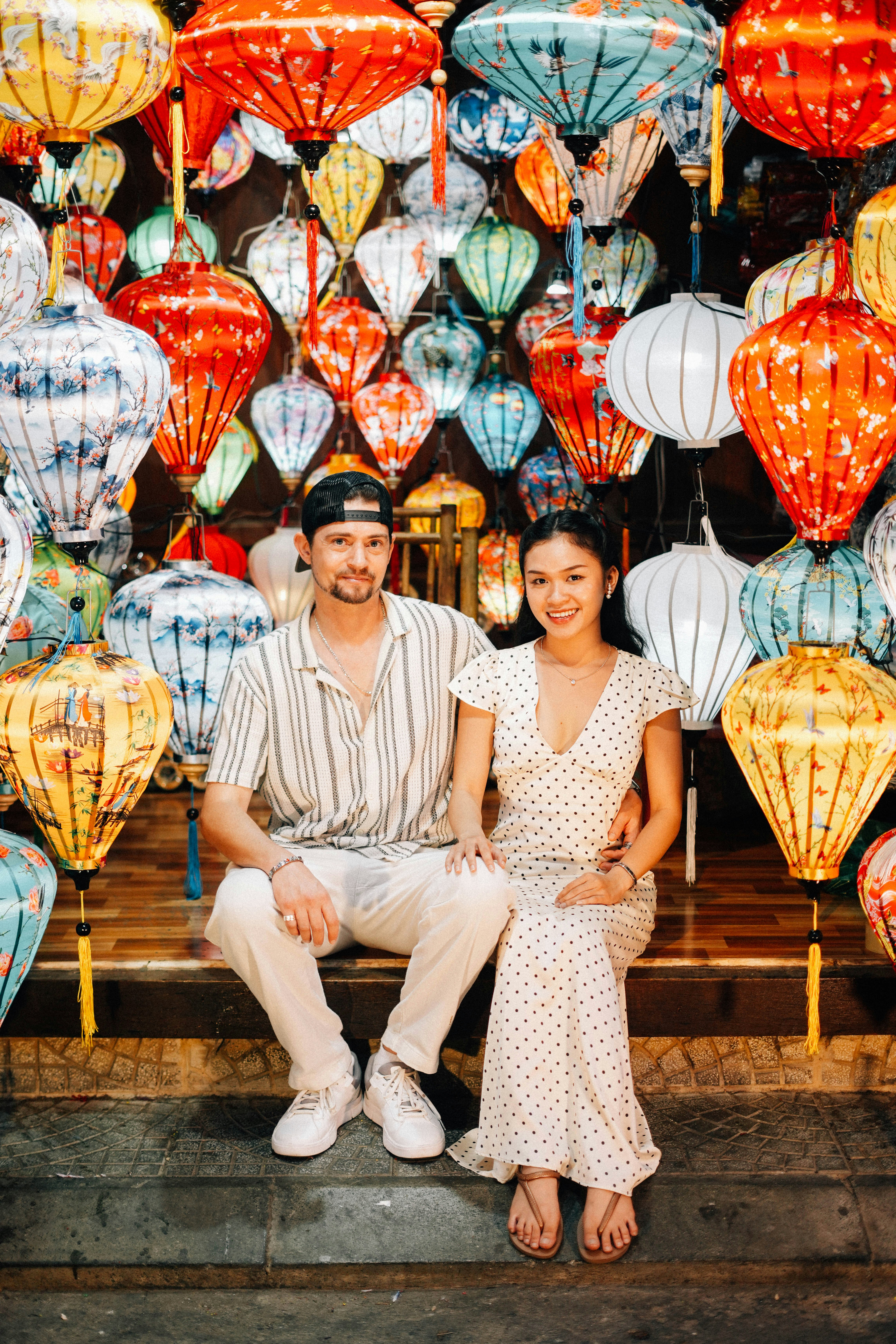 Couple Amid Lanterns: Quiet Moment in a Sea of Color
