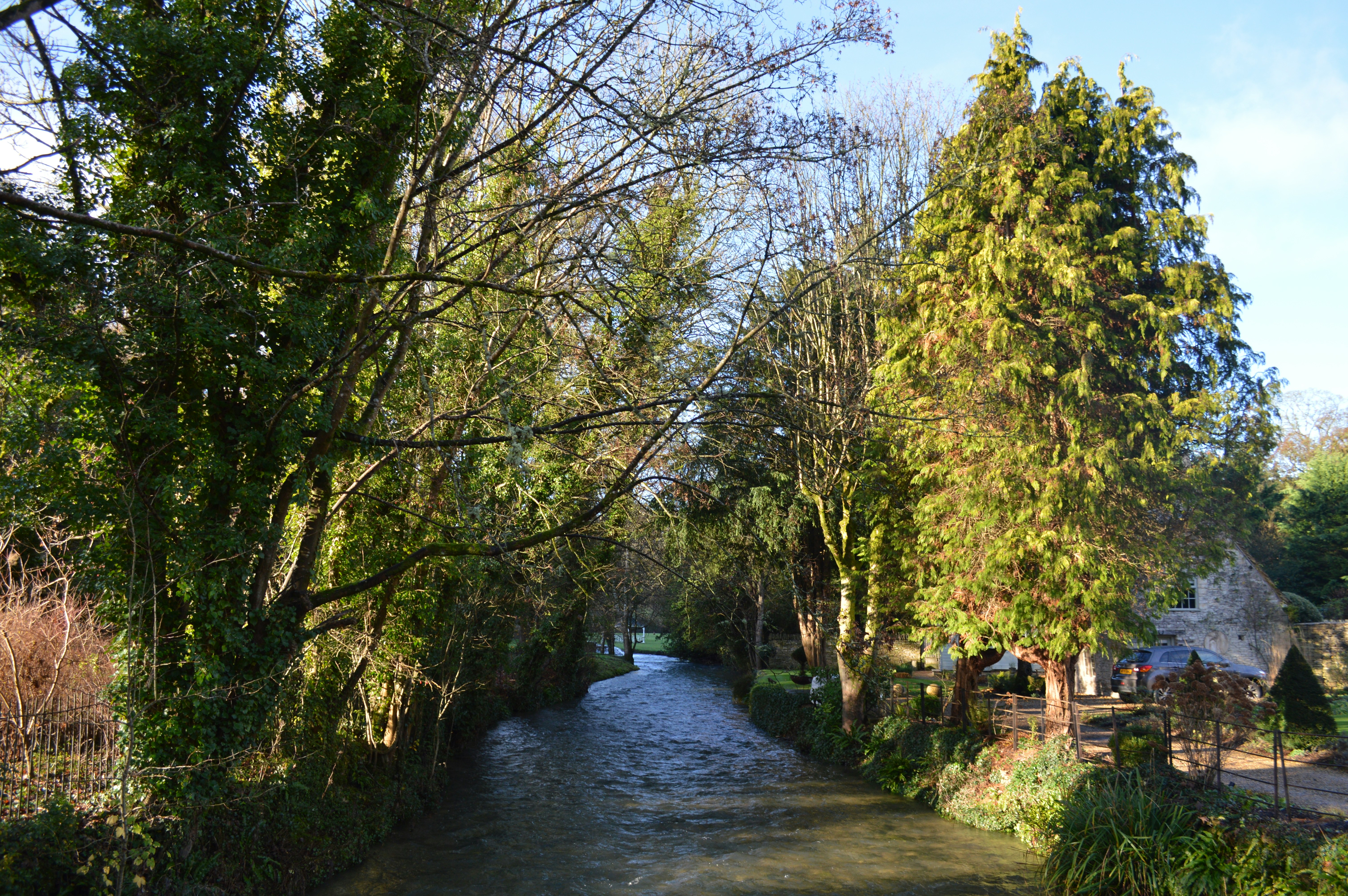 Sunlit River Corridor Framed by Trees and a Quiet Village