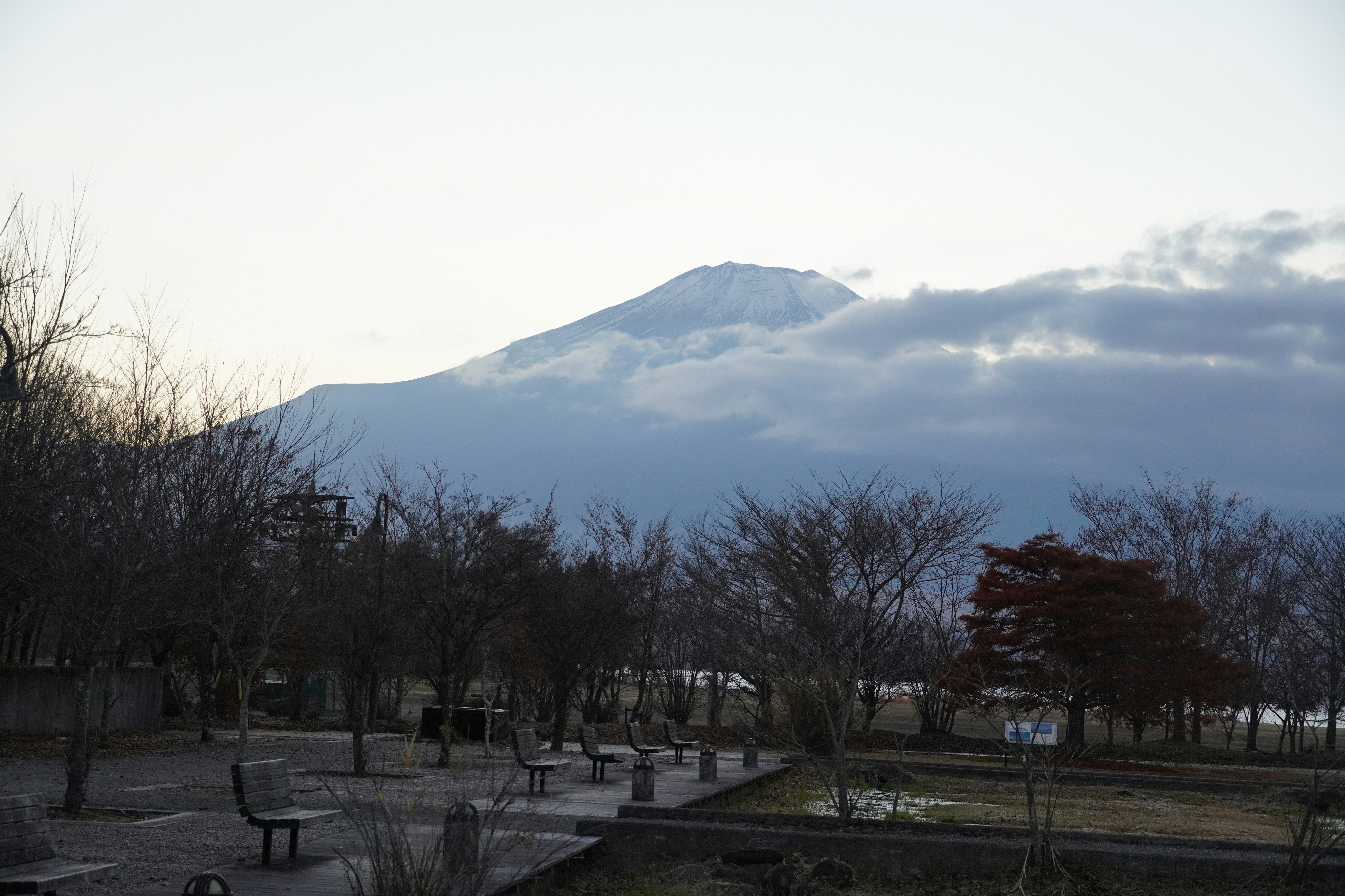 Snow-Capped Peak over a Quiet Park at Dusk