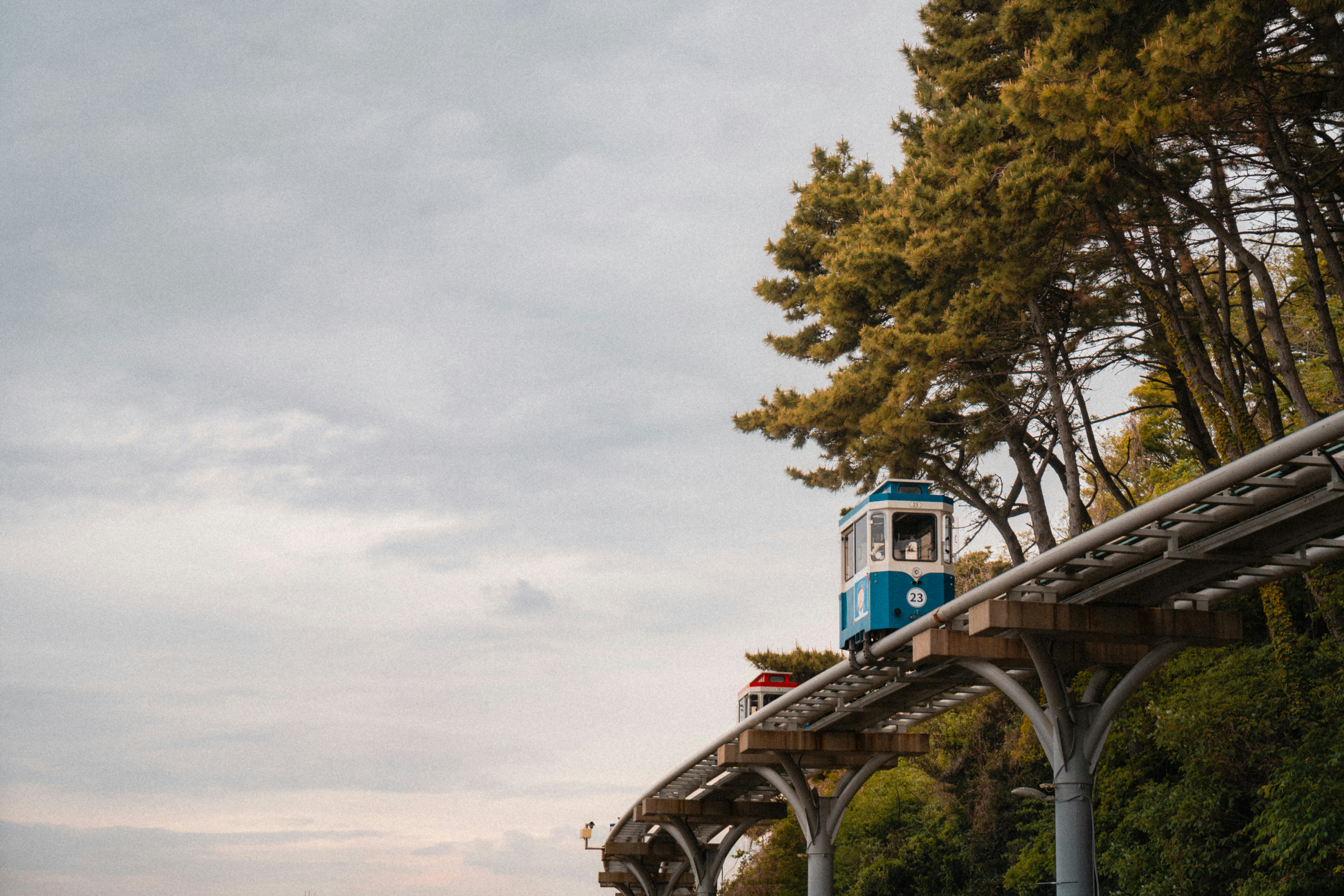 Cable Car on the Edge: A Blue Gondola Over the Timberline Track