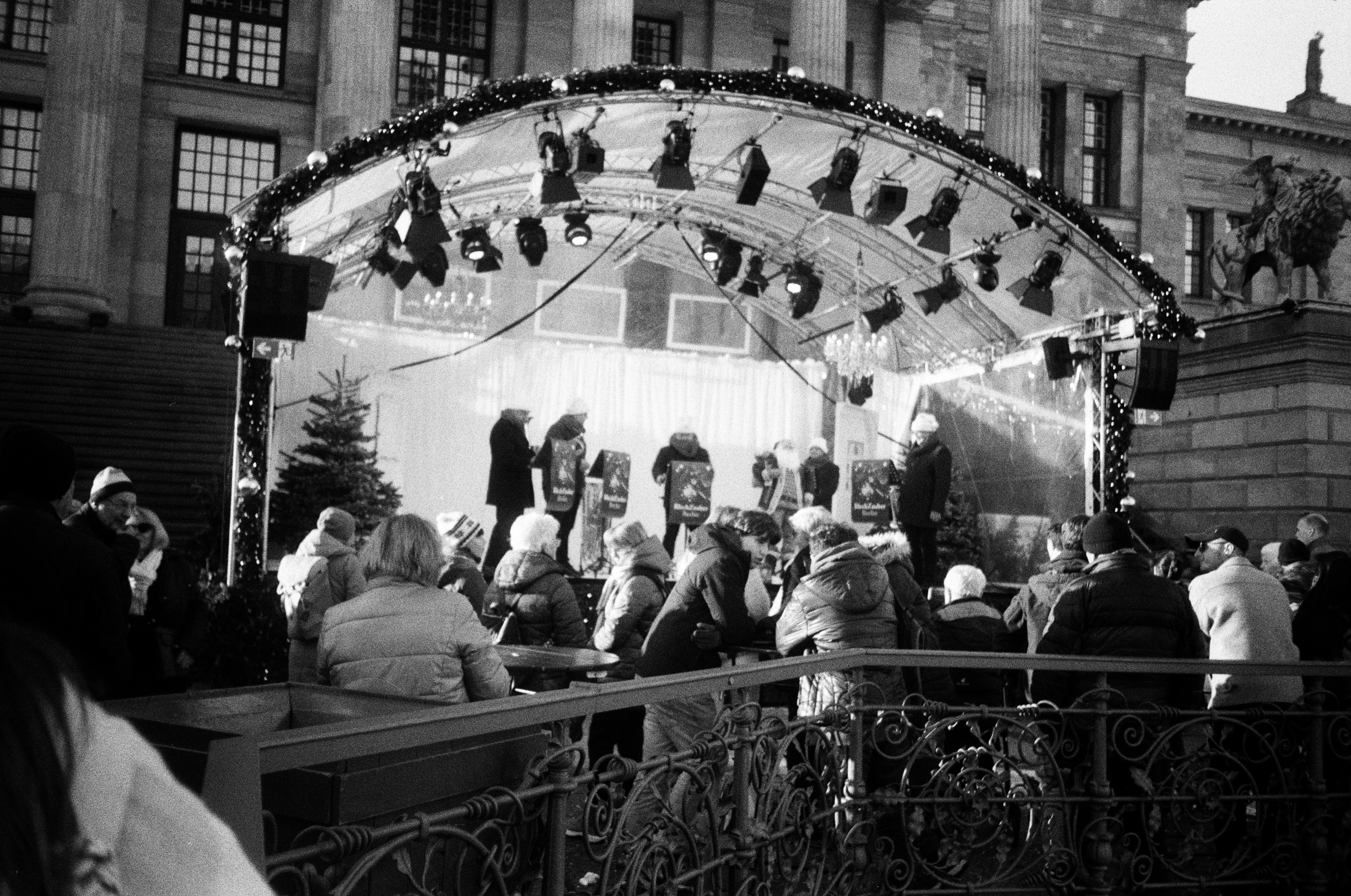Winter Stage Lights: A City Hall Concert in monochrome