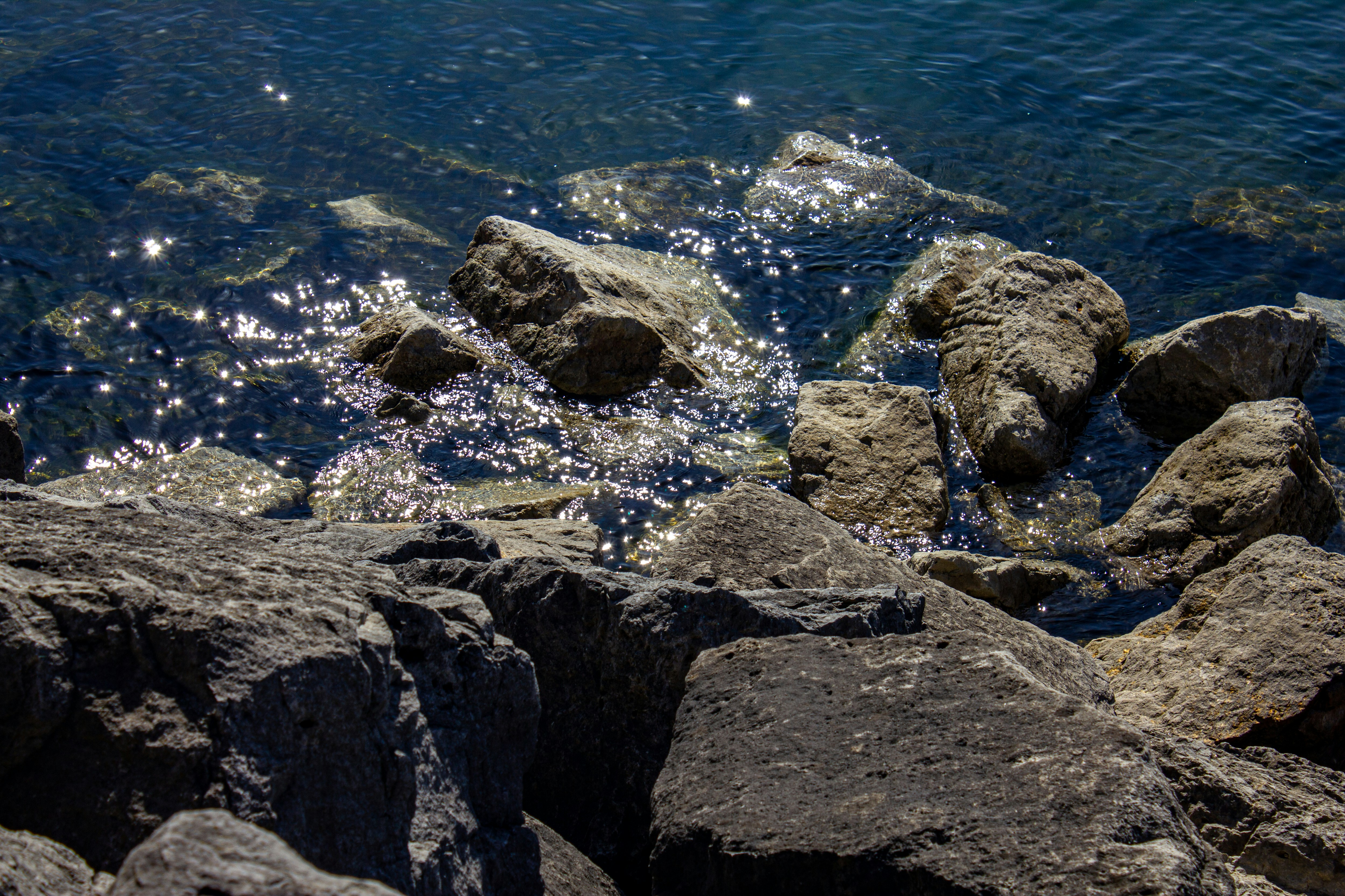 Rugged shoreline: sunlit spray among granite giants