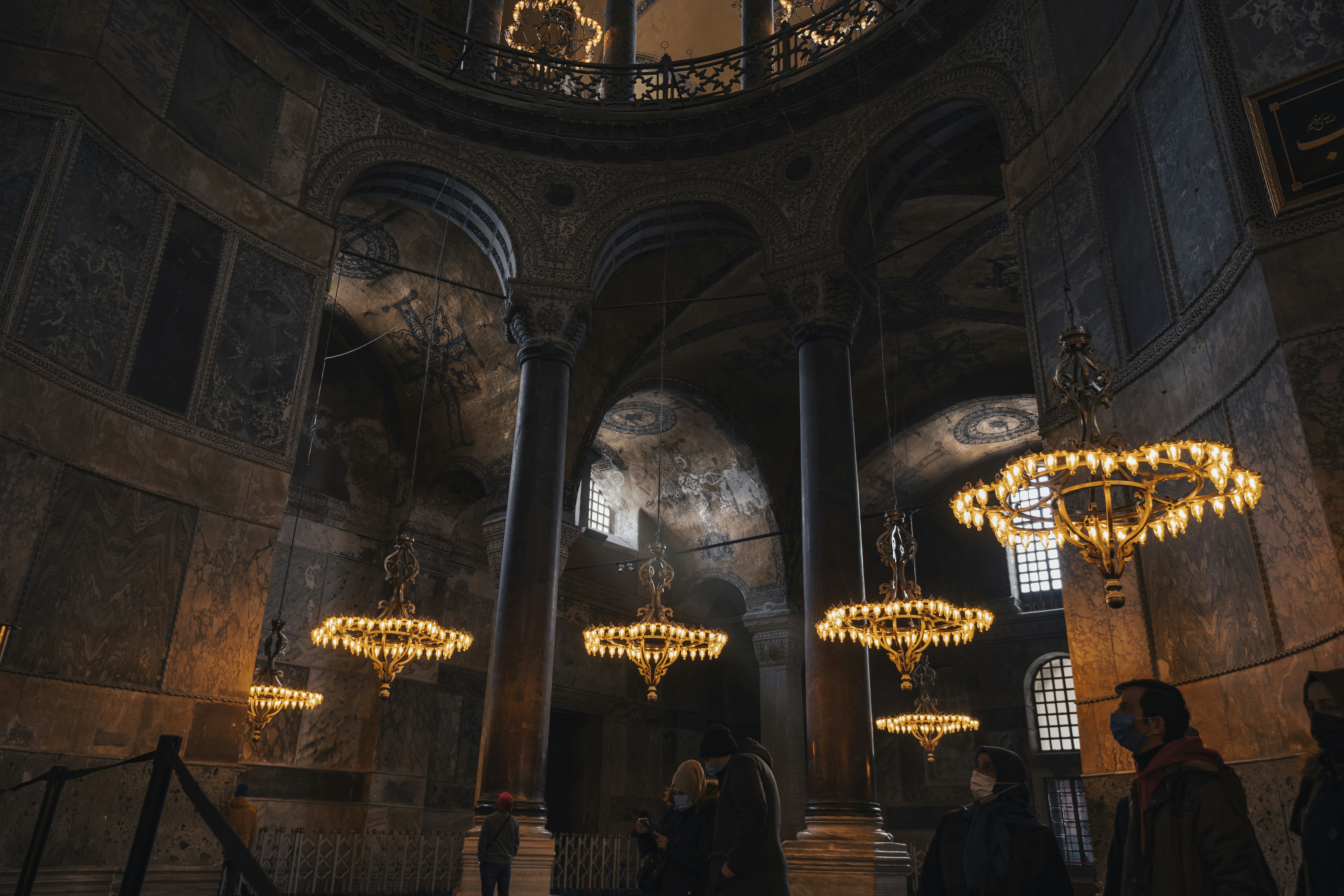 Dusky Cathedral Hall Lit by Golden Orbs