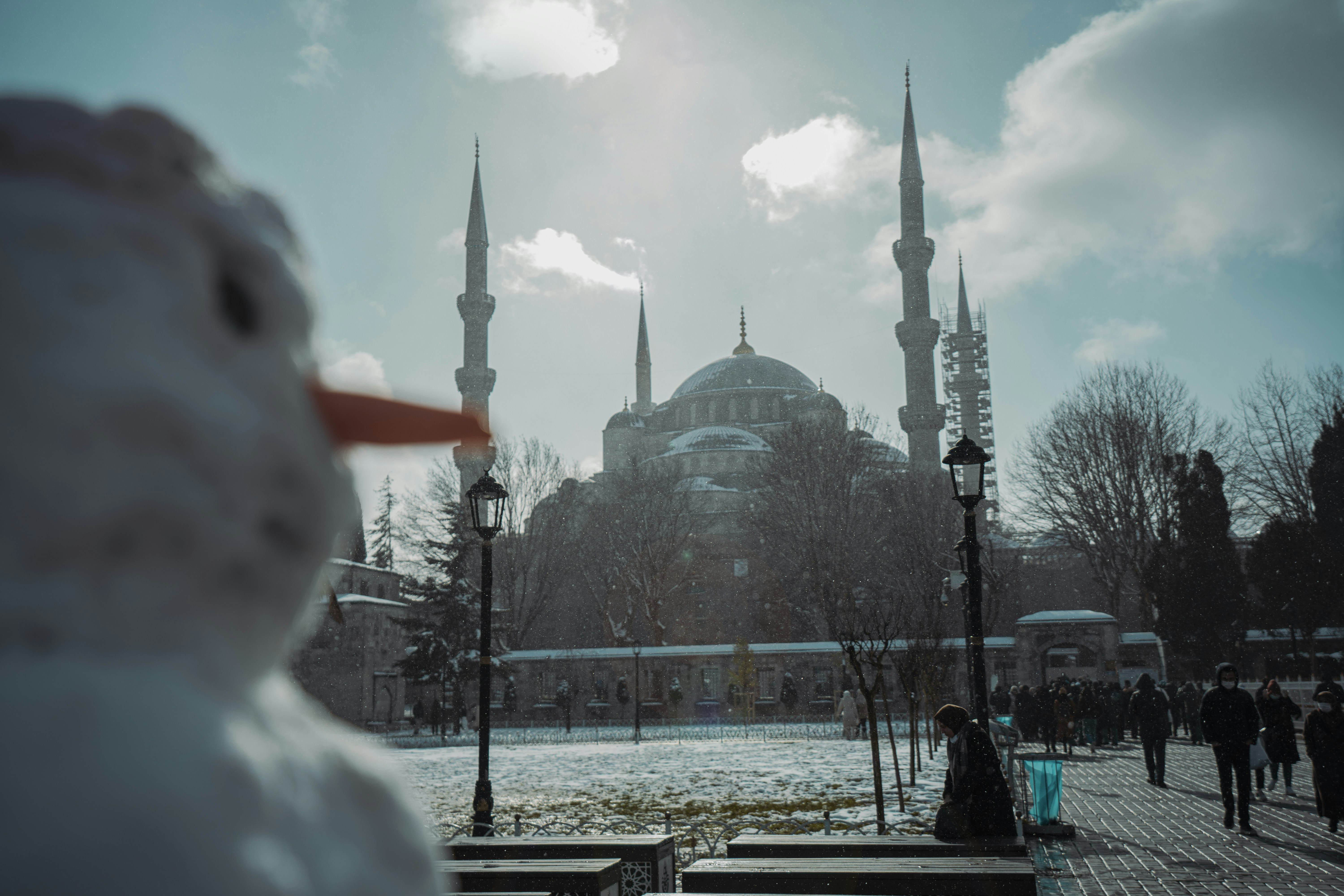Snowy Istanbul Forecourt with a Park Heroic Snowman in the Foreground