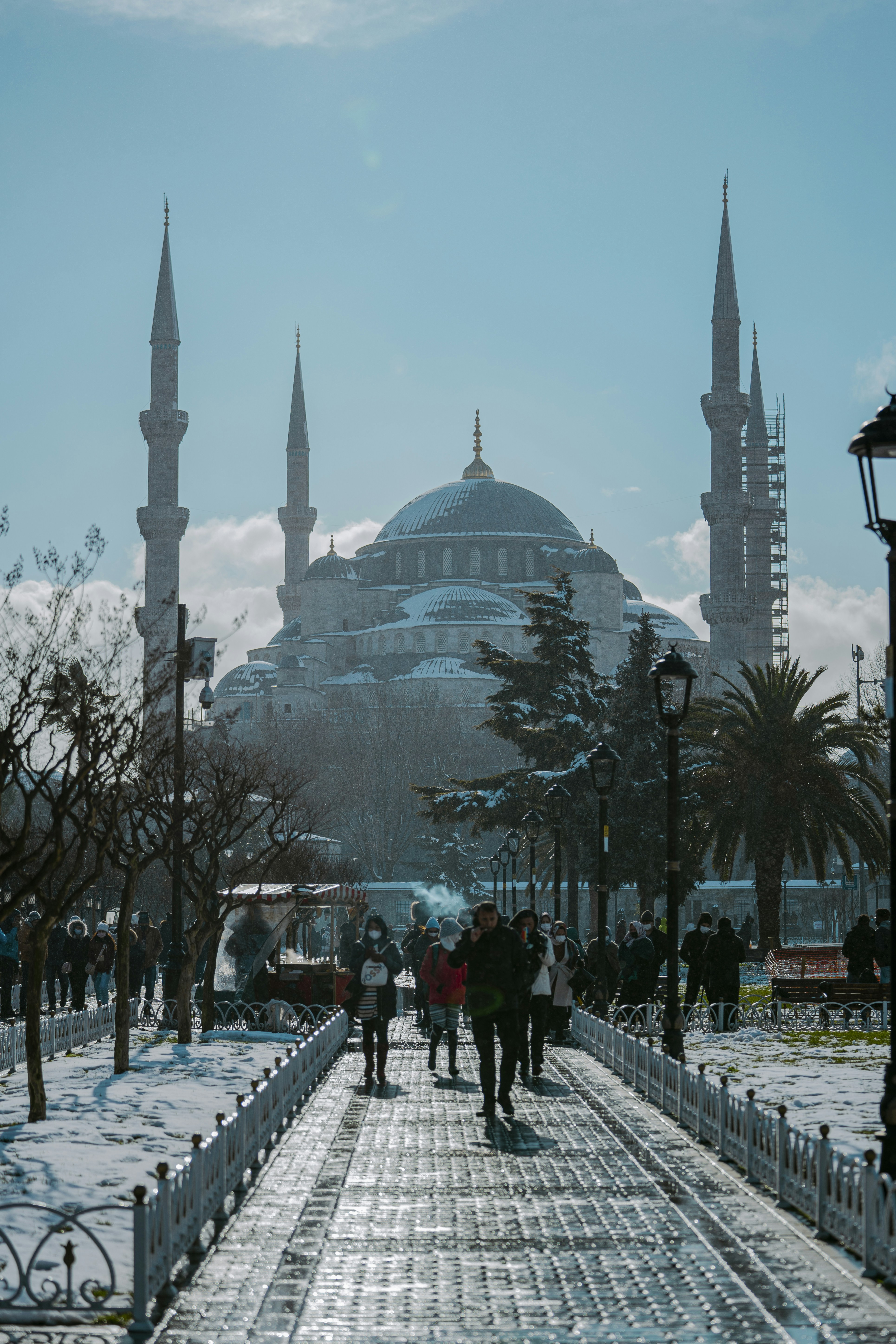 Blue Hour at the Blue Mosque: A Snow-Dusted Boulevard