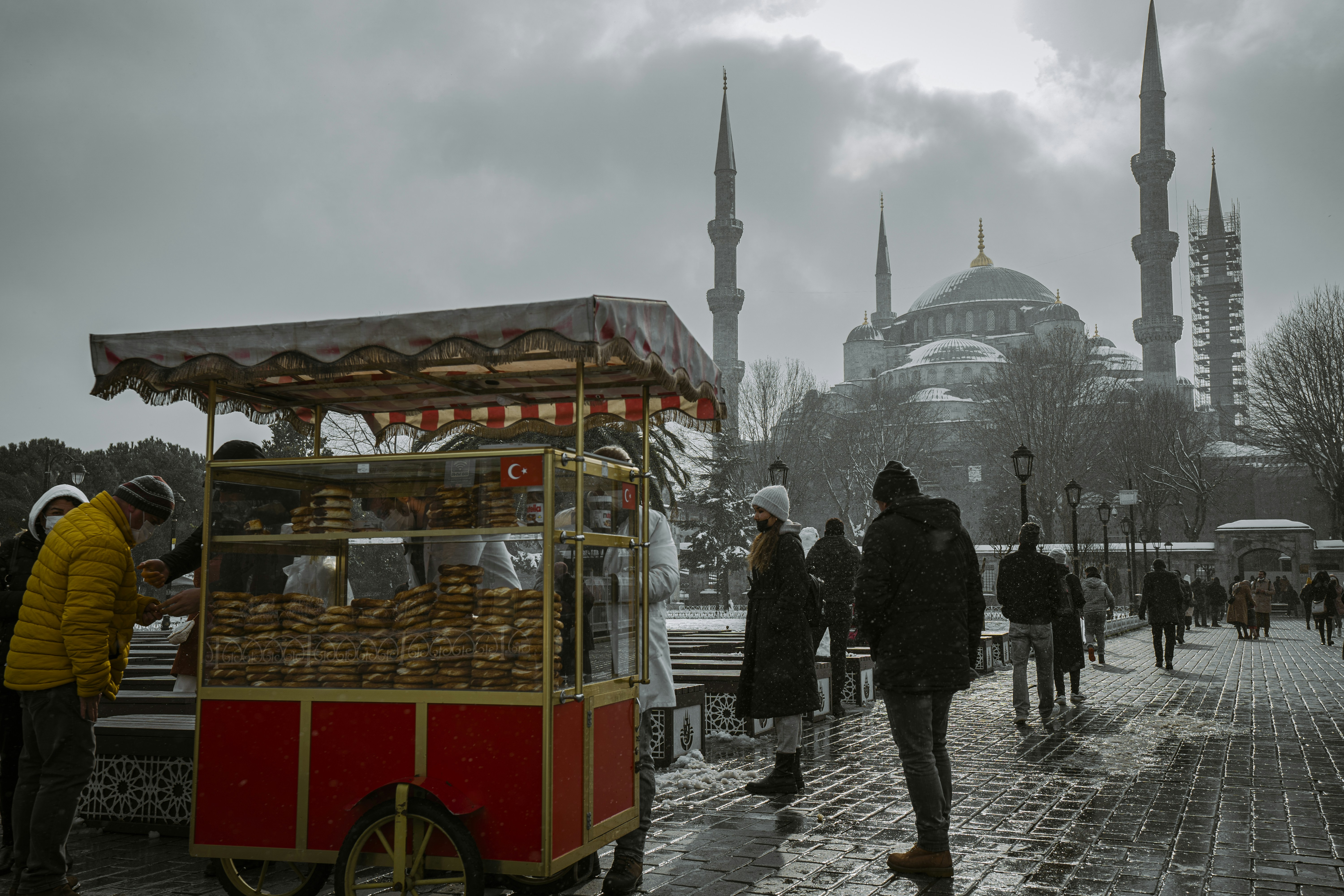 Patisserie Stall in Snowy Istanbul Street