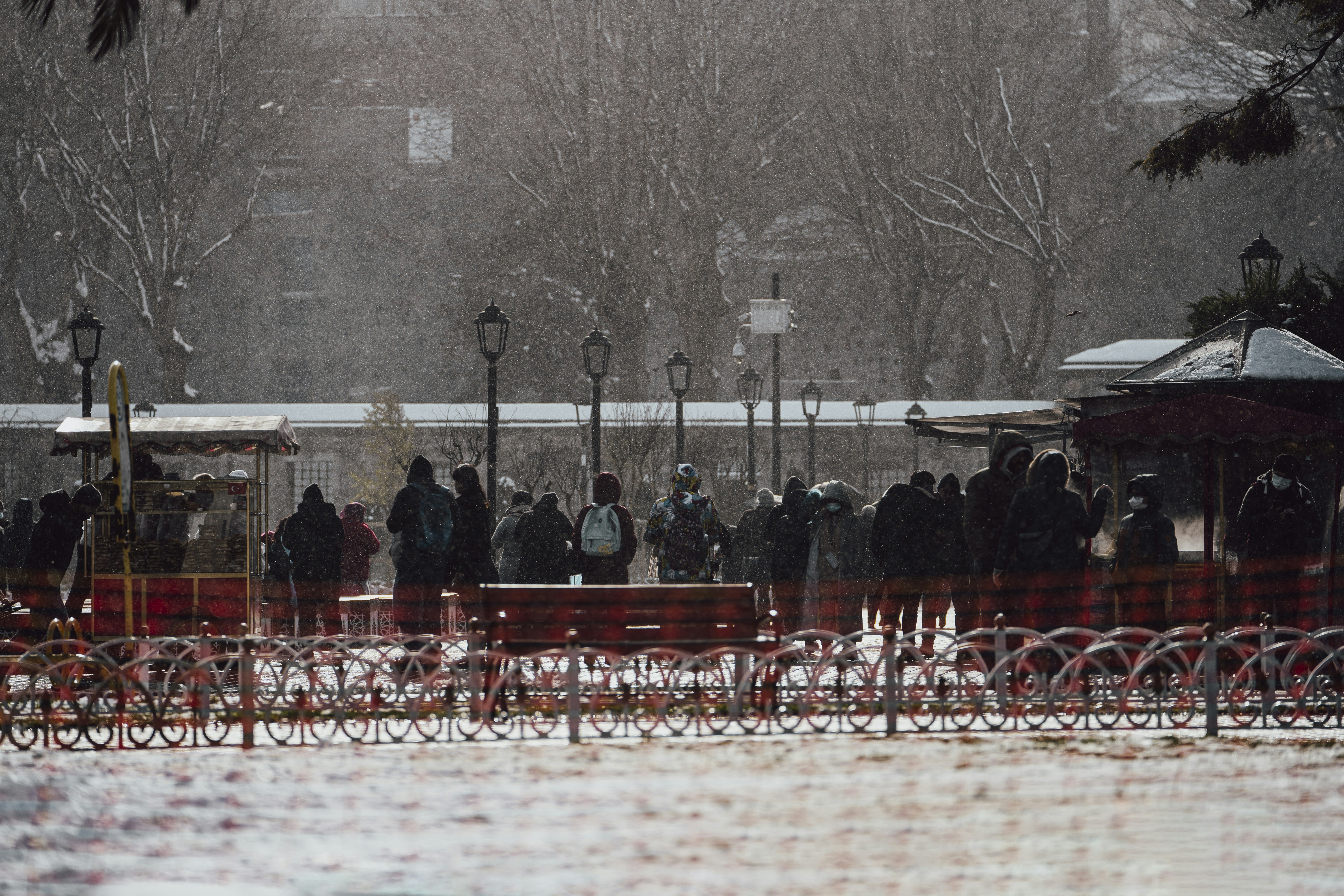 Snowy Square: A Crowd in Quiet Snowfall