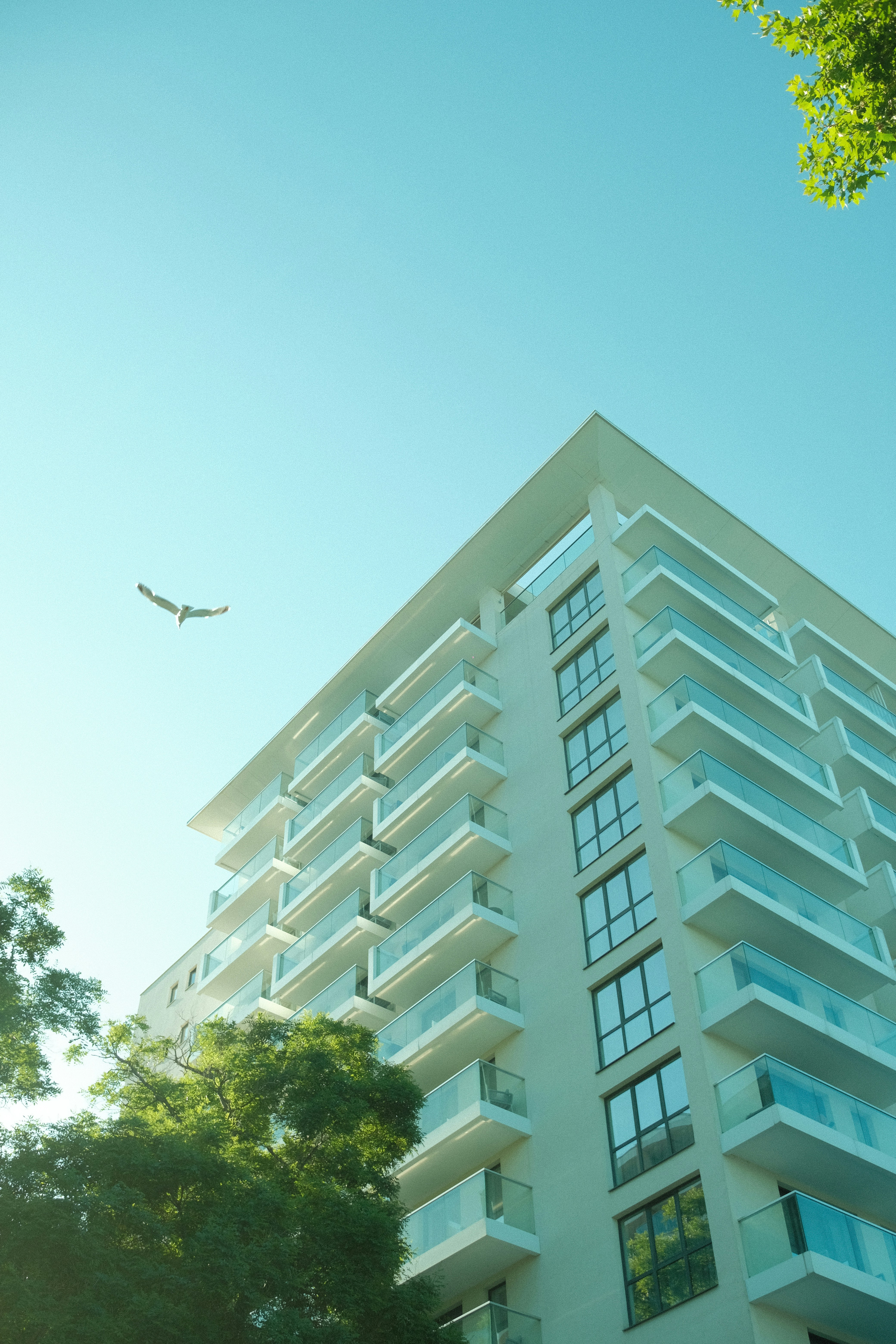 Skyward Vista: Modern Balcony Towers Against a Clear Azure