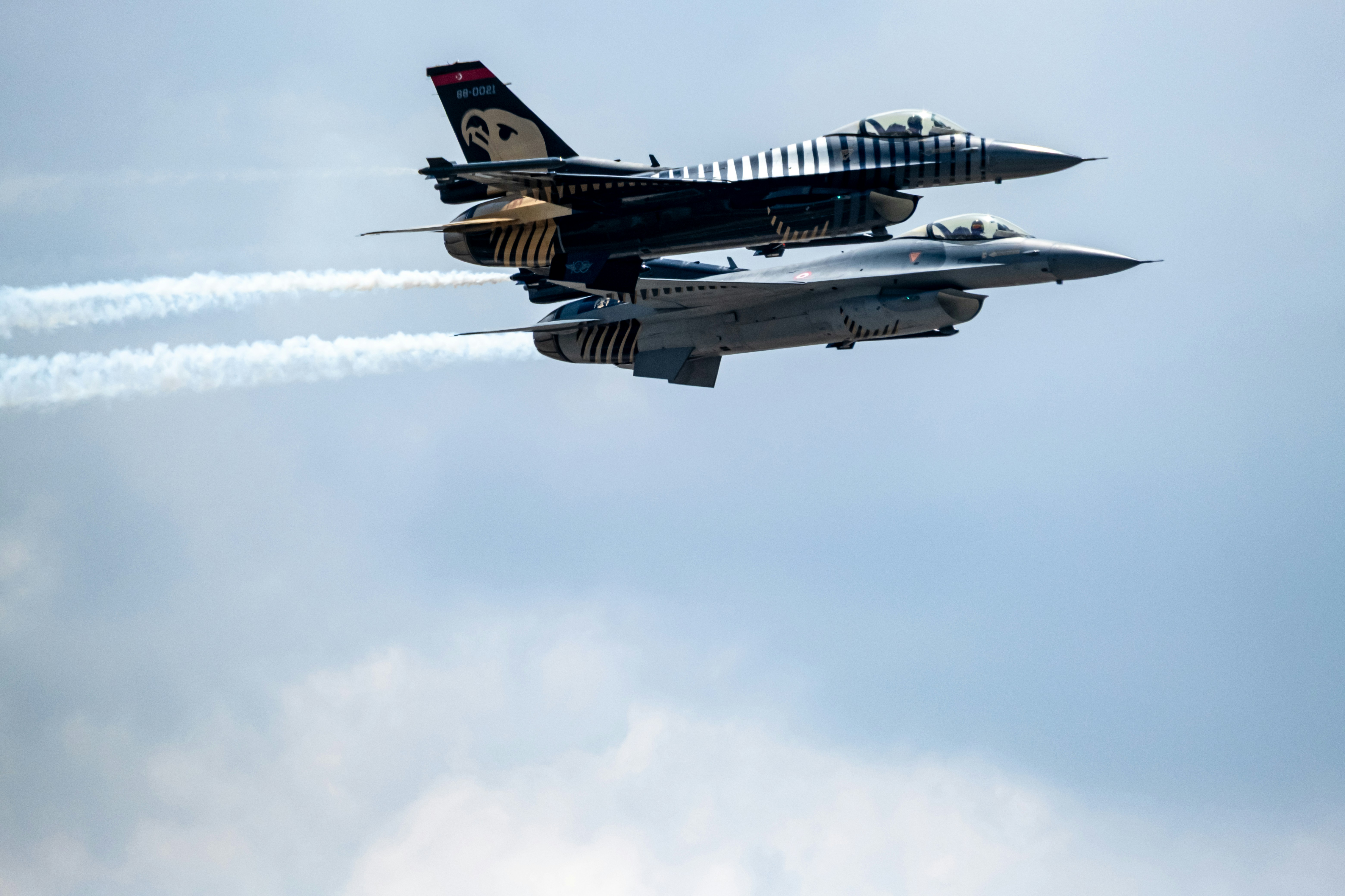 Dual-Fighter Supersonic Pass: Stripes and Smoke in Concert