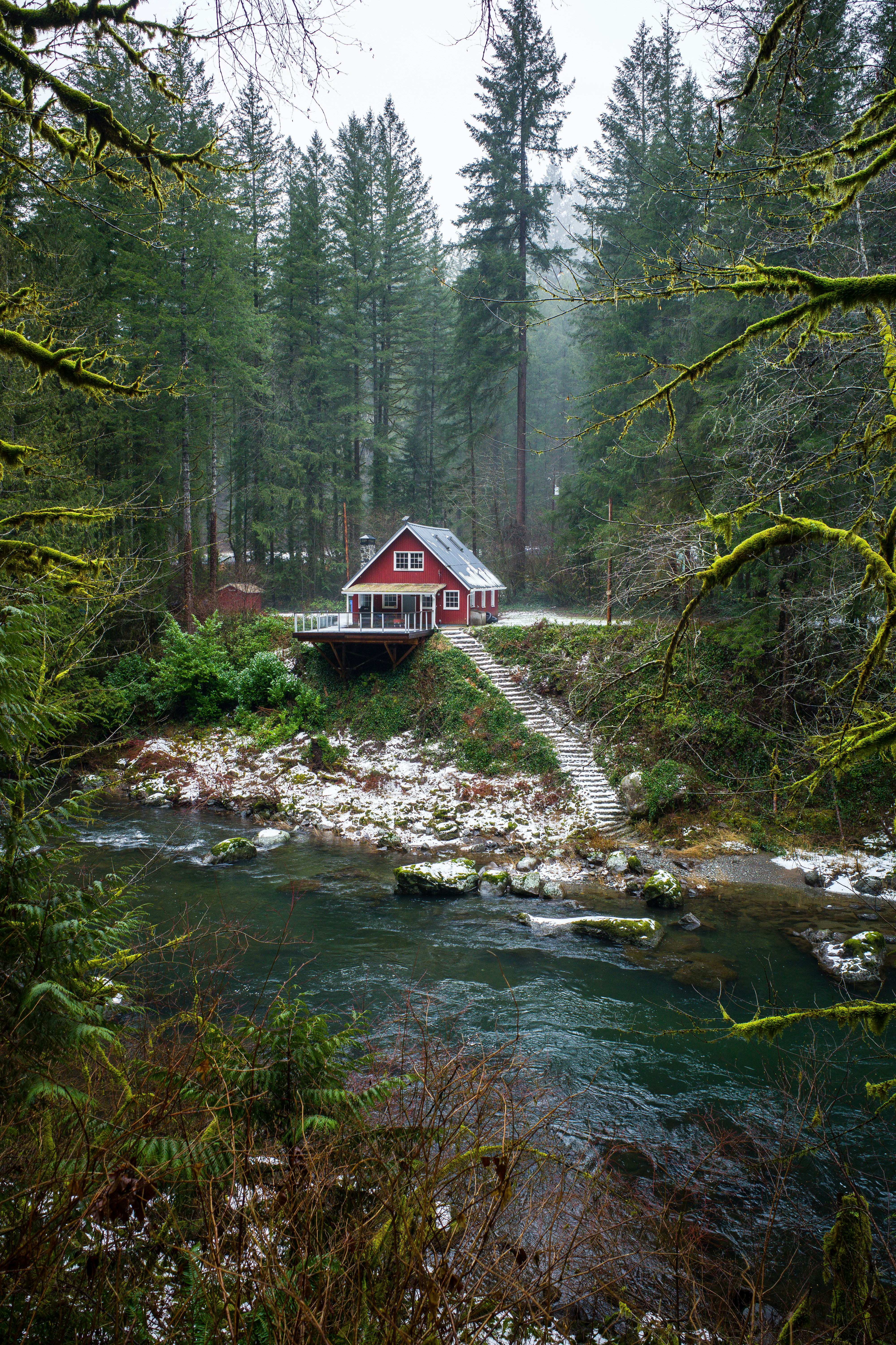 Red Cabin Beside a Frigid River in a Misty Evergreen Clearing