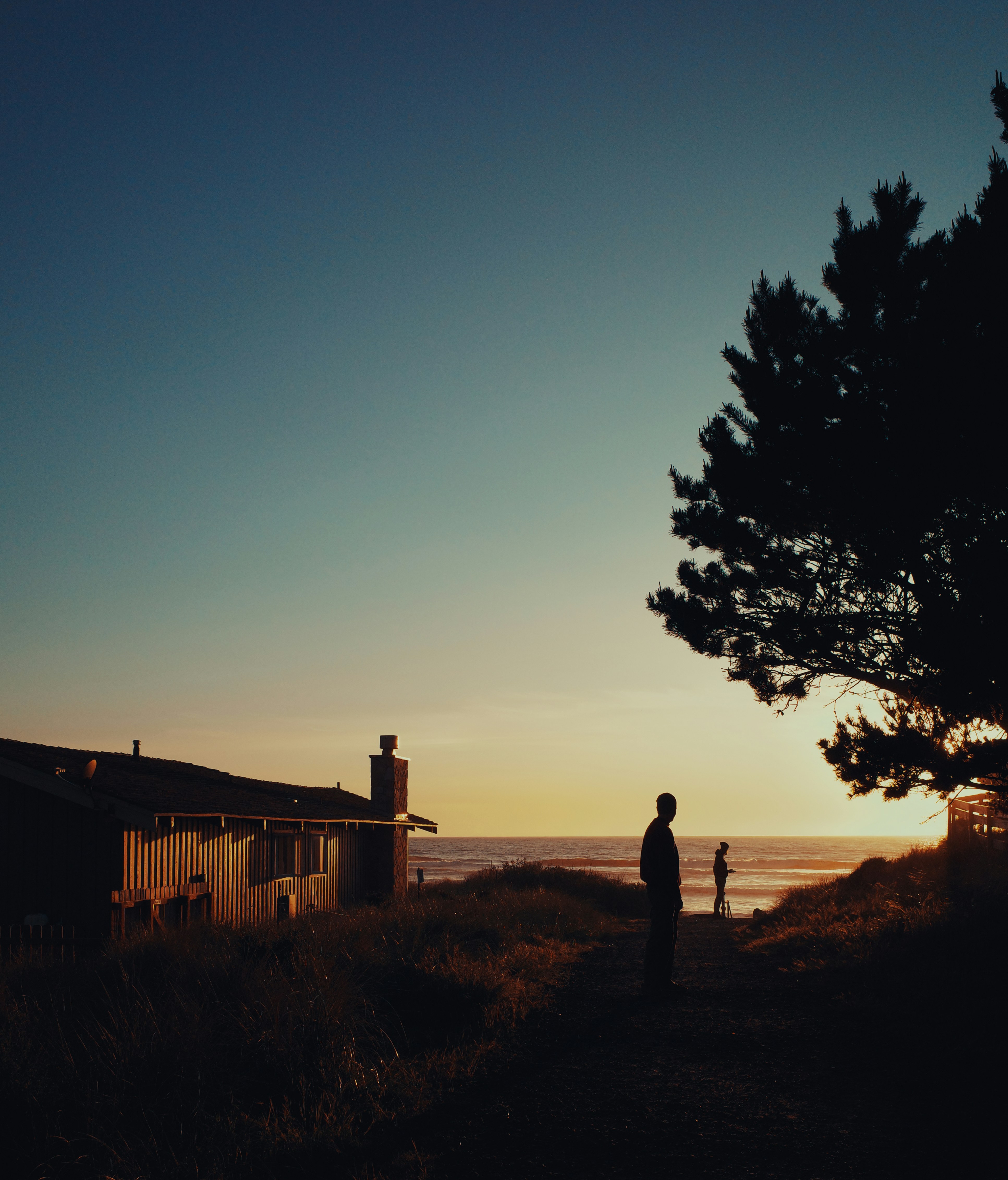 Silhouetted figures at golden shoreline under a waking sky