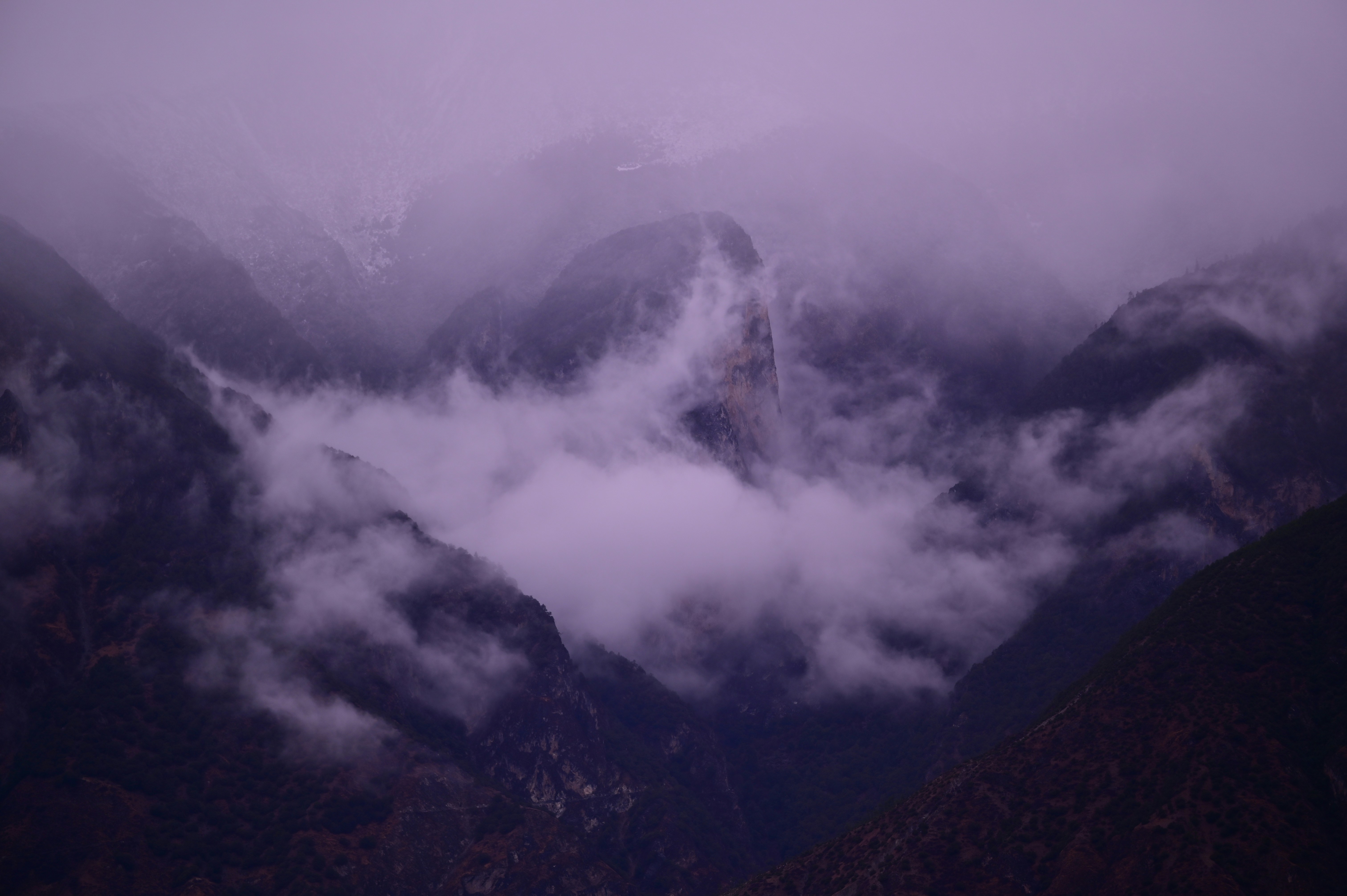 Shrouded Needle: A Peak Emerges Through Violet Mist